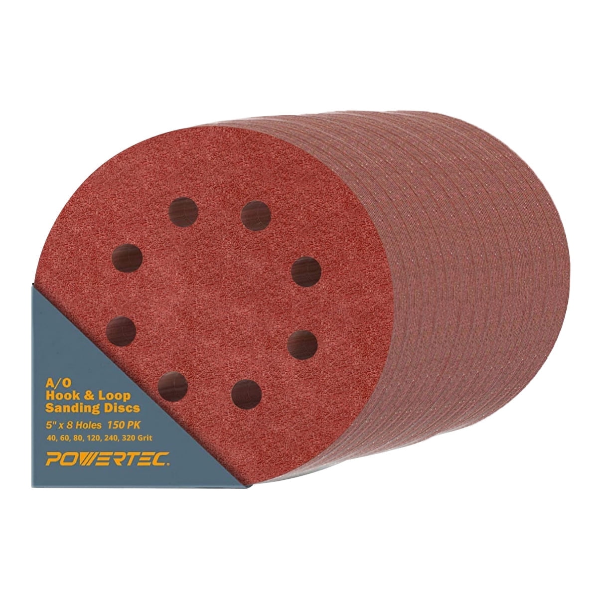 POWERTEC 150PK 5 Inch 8 Hole Hook and Loop Sanding Discs, 40/60/80/120 ...