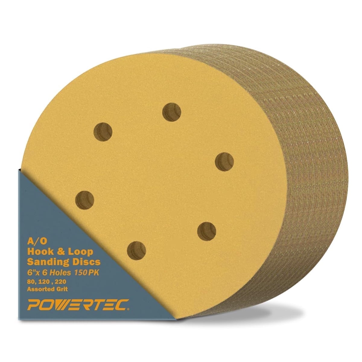 POWERTEC 150PK 6 Inch 6 Hole Hook and Loop Sanding Discs, 80/120/220 ...