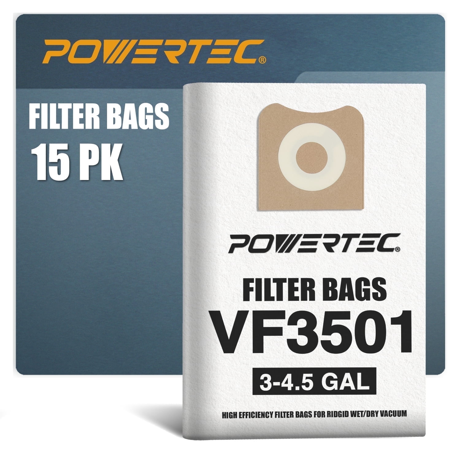 POWERTEC 15PK VF3501 Size C Shop Vac Bags for Ridgid, 3-4.5 Gal. 23738 ...