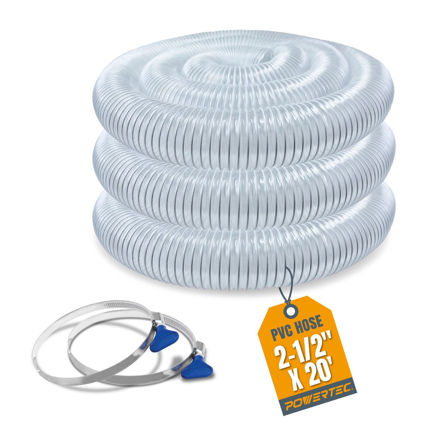 POWERTEC 2-1/2 Inch x 20 ft. PVC Dust Collection Hose with 2PC ...