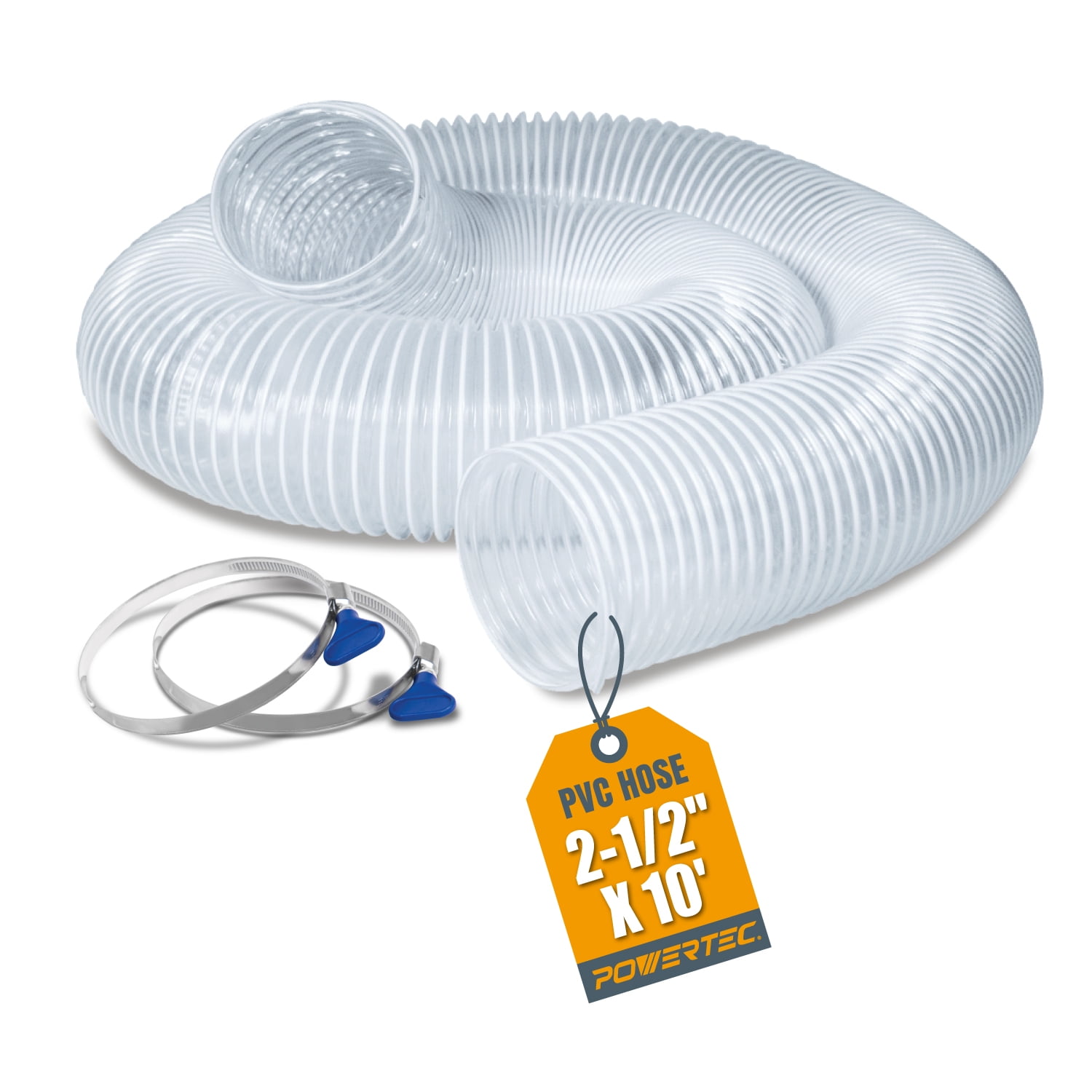 POWERTEC 2-1/2" x 10' Dust Collection Hose with 2PC Key Hose Clamps for ...