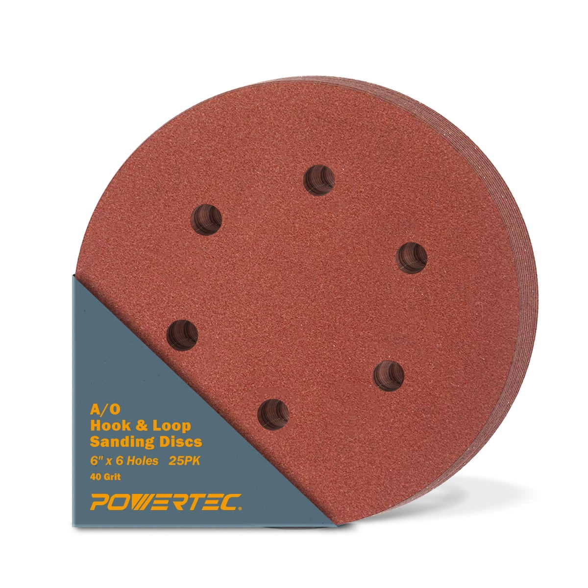 POWERTEC 25PK 40 Grit 6 Inch Sanding Disc | 6 Hole Hook and Loop ...