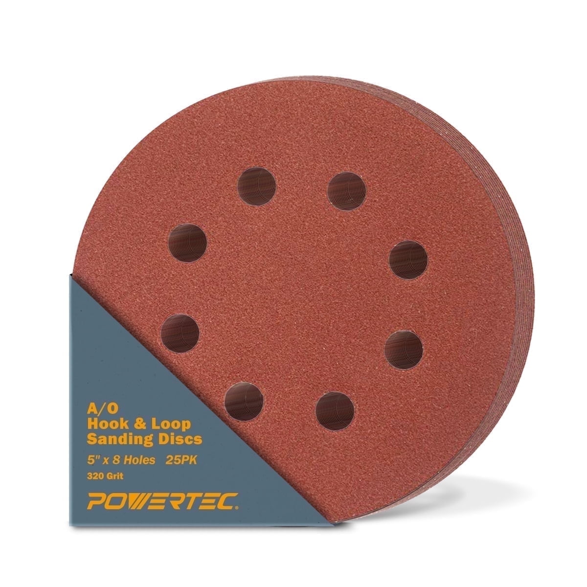 POWERTEC 25PK 5 Inch 8 Hole, 320 Grit Hook and Loop Sanding Disc ...