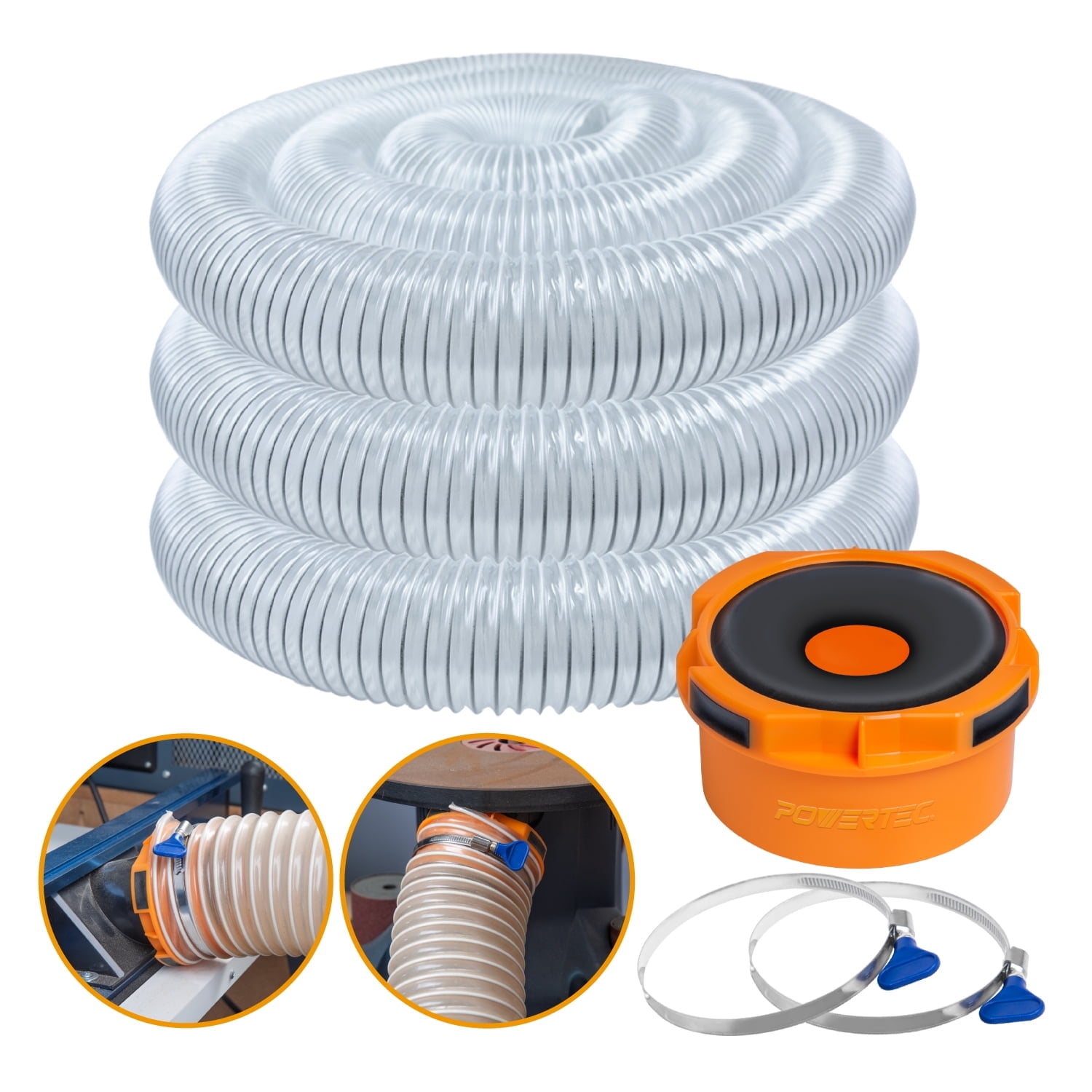 POWERTEC 4" x 20' Dust Collection Hose with Clamps and Adapter for ...