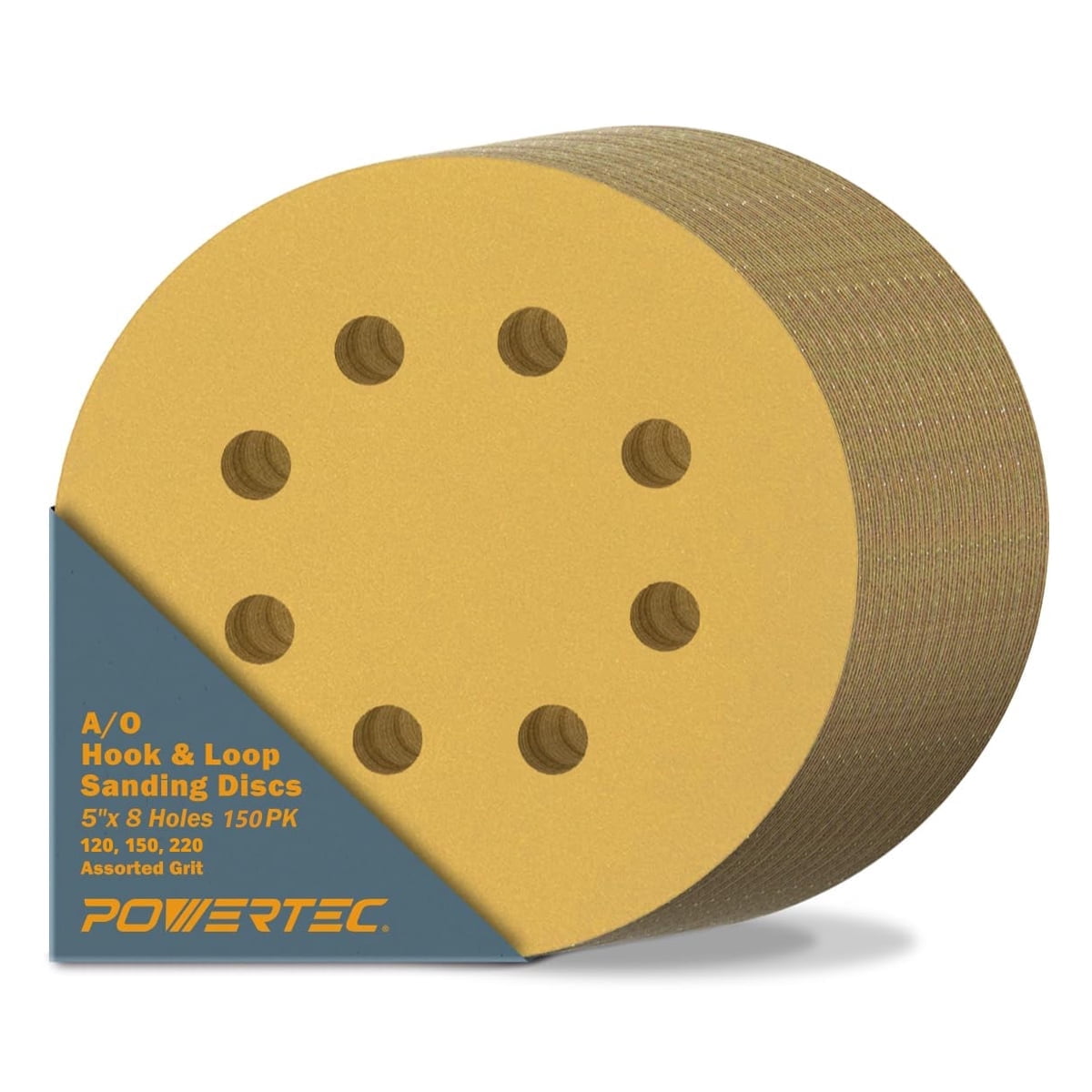 POWERTEC 150 PK, 5 Inch 8 Hole Hook and Loop Sanding Discs, 120/150/220 ...