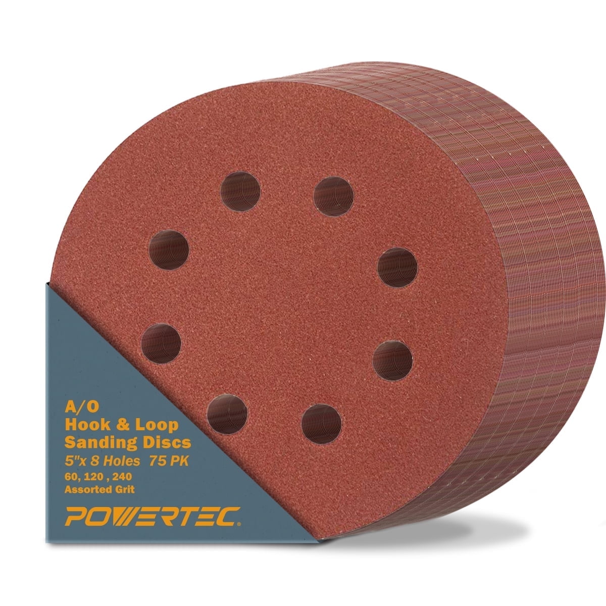POWERTEC 75PK, 5 Inch 8 Hole Hook and Loop Sanding Discs, 60/120/240 ...