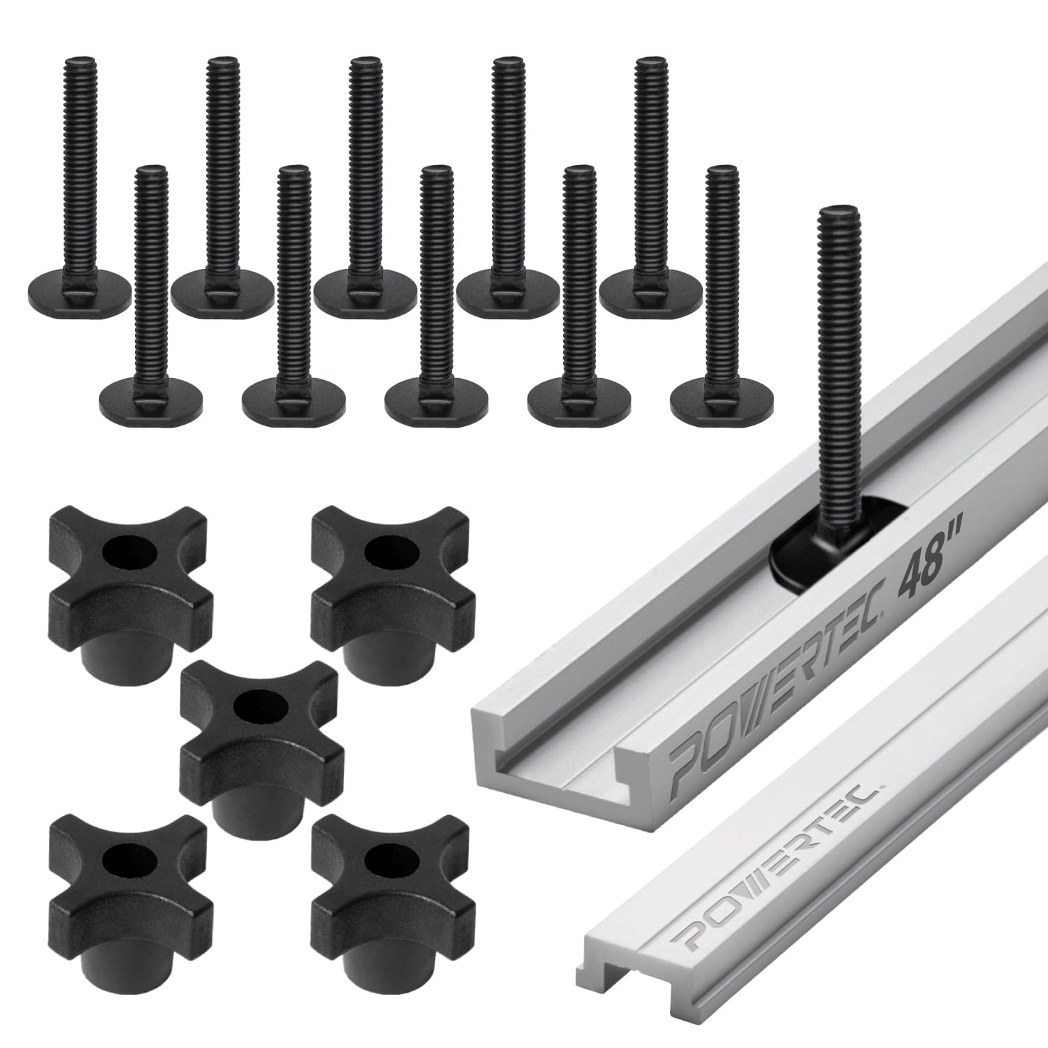 POWERTEC 48 inch Table Saw Miter T-Track Kit – Includes T-Bar, 5pcs T Knobs & 10pcs 5/16"-18, 2 ...