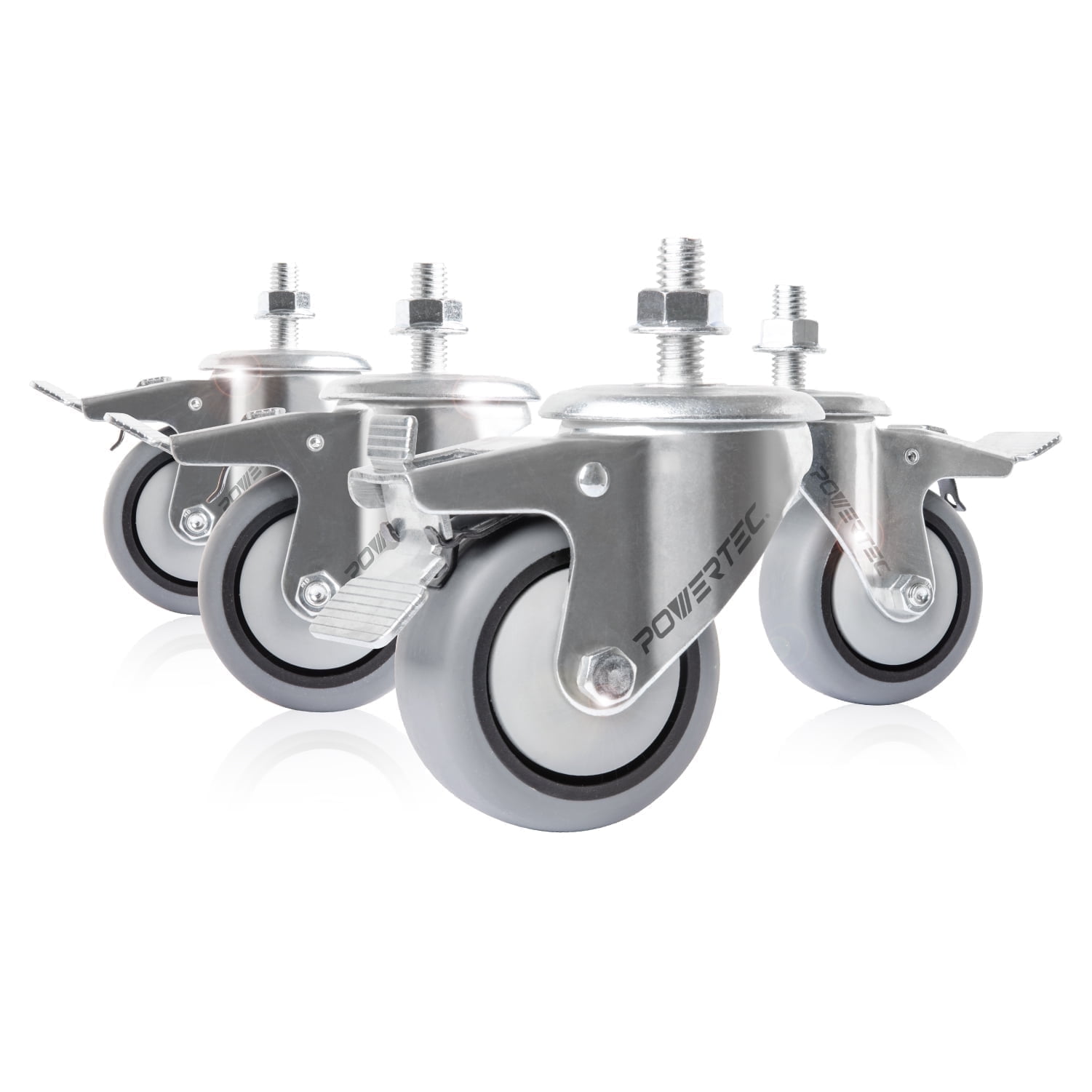 POWERTEC 4PK 3" Threaded Stem Caster Wheels, Dual Locking TPR Rubber ...