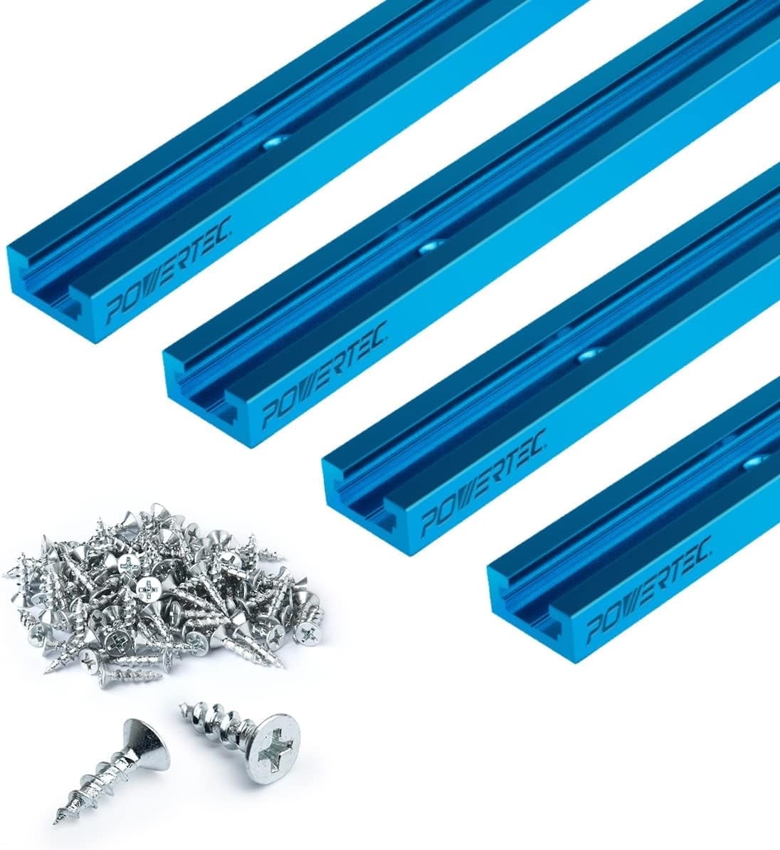 POWERTEC 4PK 48 Inch Universal T track with 100 PCS Wood Screws, Double-Cut Profile T track with ...