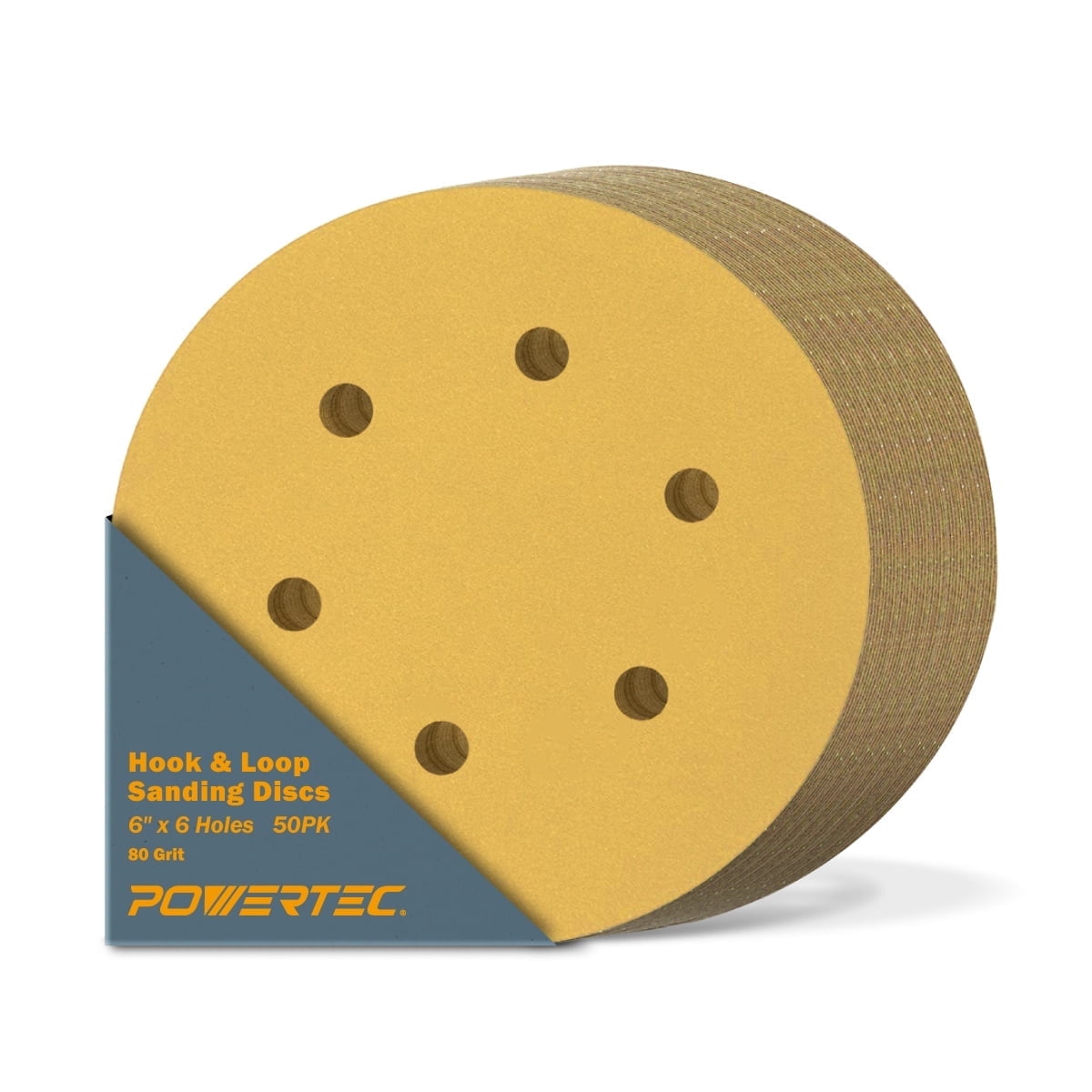 POWERTEC 50 PCS 80 Grit - 6 Inch 6 Hole Hook and Loop Sanding Discs, 6 ...
