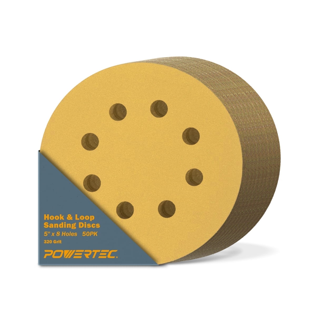 POWERTEC 50PK 5-Inch 8 Hole Hook and Loop Sanding Discs, 320 Grit ...