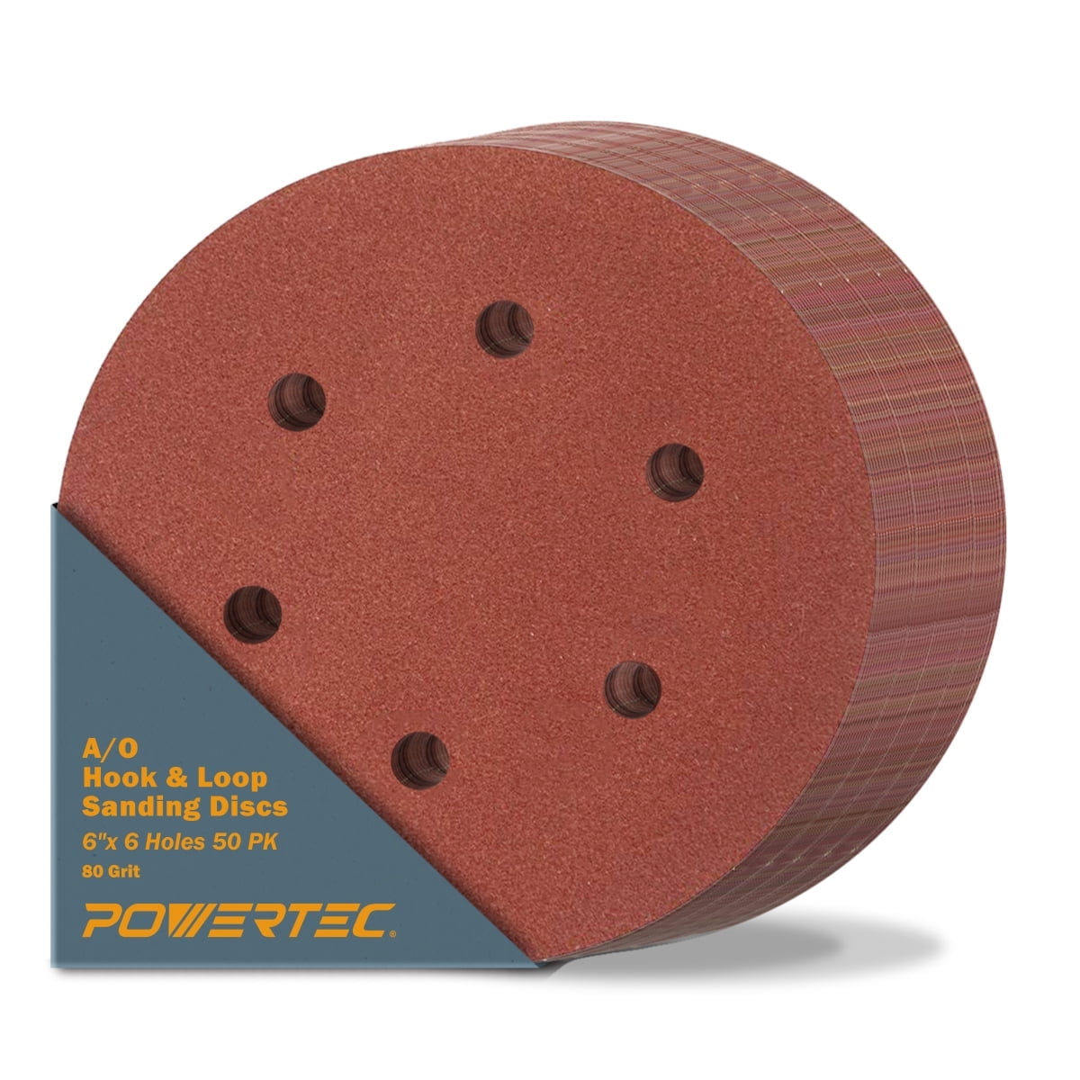 POWERTEC 50PK 80 Grit, 6 Inch 6 Hole Hook and Loop Sanding Discs ...