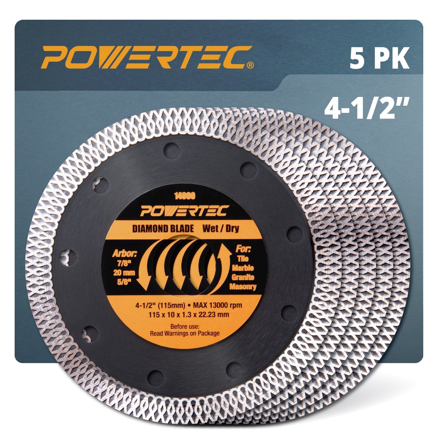 POWERTEC 5PK 4-1/2 Inch Turbo Mesh Rim Diamond Saw Blade for Angle ...