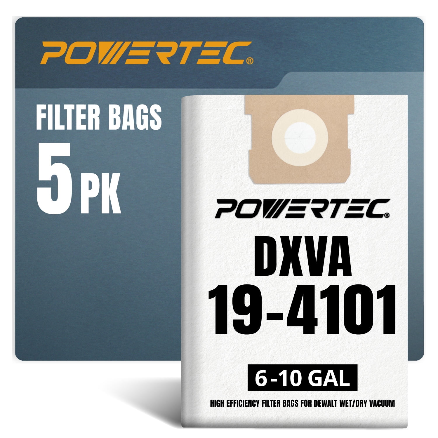 POWERTEC 5PK Filter Bags for DeWalt 6-10 Gal Dust Extractors, Models ...