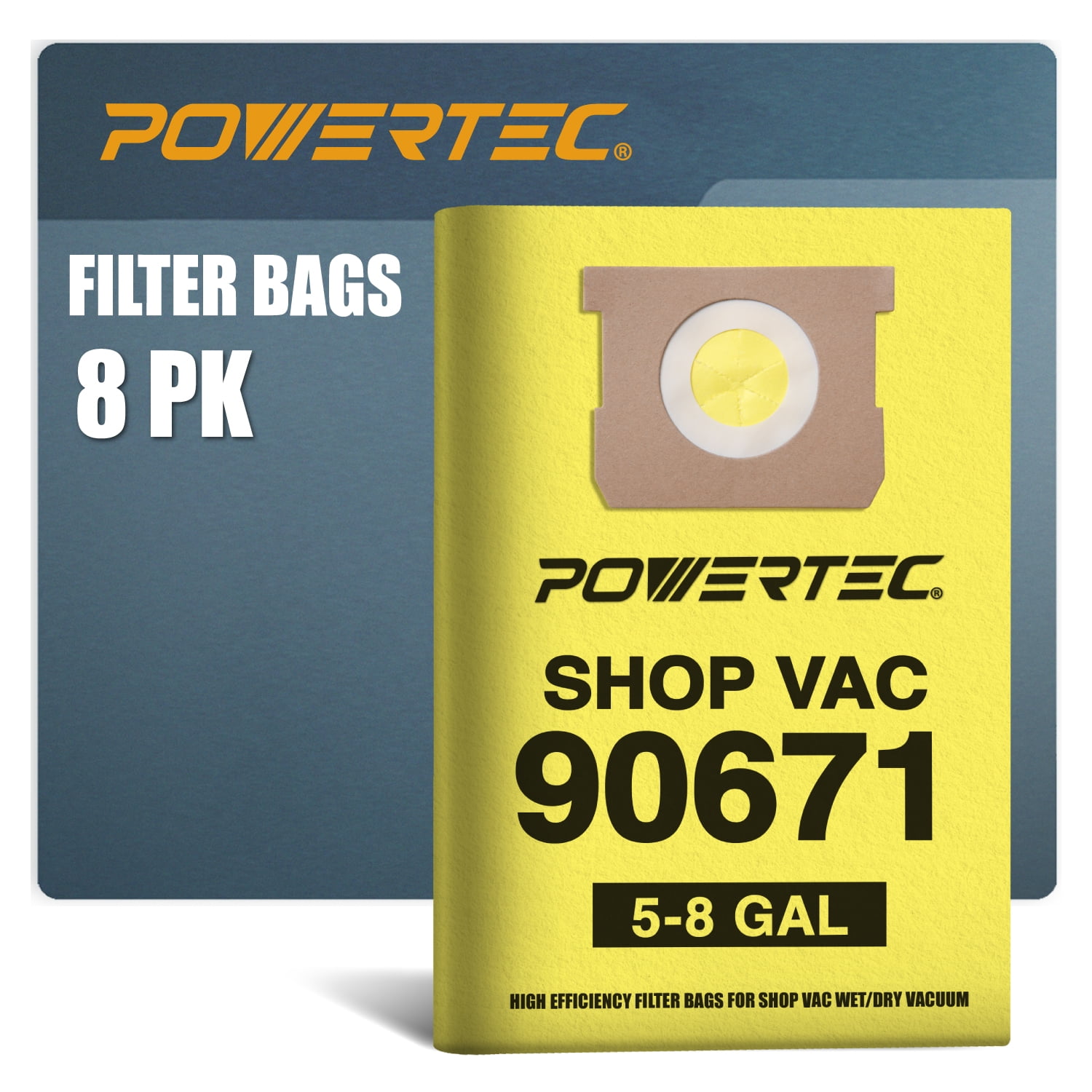 POWERTEC 8PK 90661, 90671 Shop Vacuum Bags, for Shop Vac Type E 9066100 ...