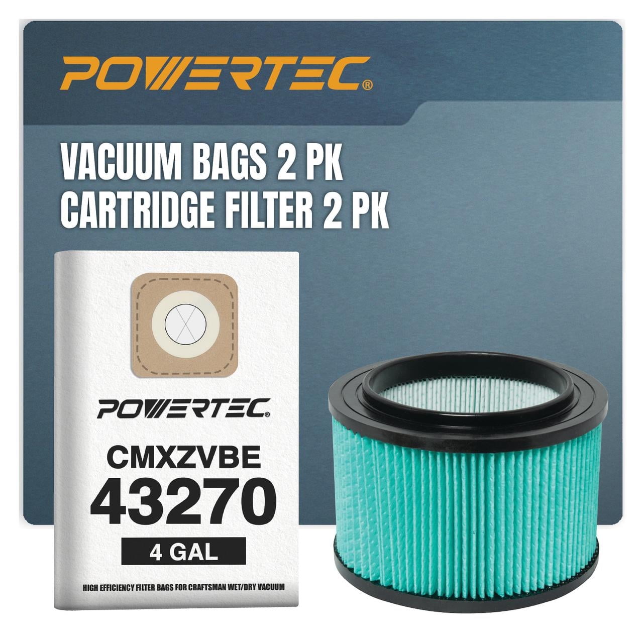 POWERTEC CMXZVBE43270 Vacuum Bags 2PK & 16950 HEPA Cartridge Filters ...