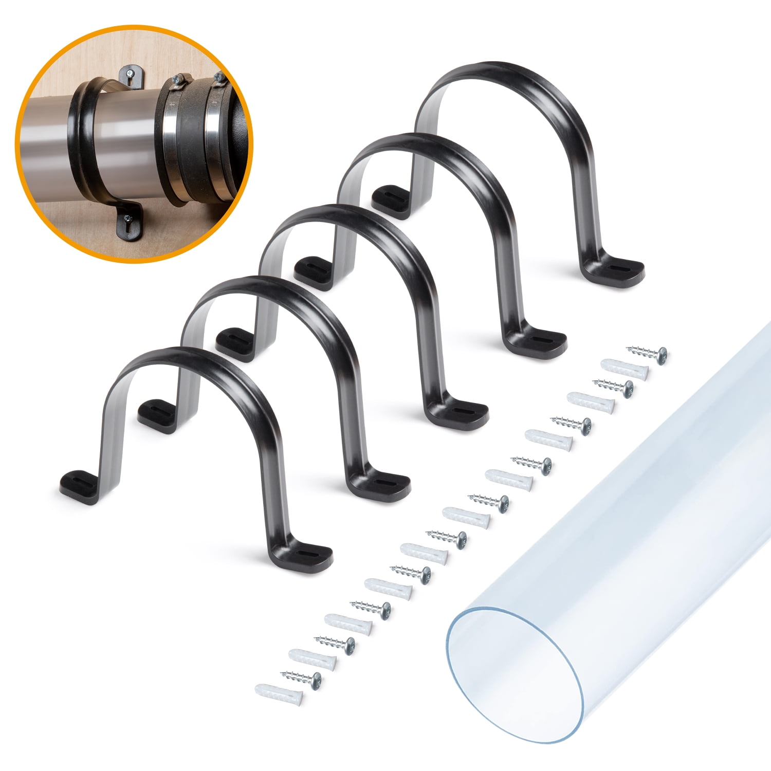 POWERTEC Clear PVC Pipe 4" x 36" Long, 1PK Plastic Tubing and 5PK Pipe Straps w/Anchors & Screws ...