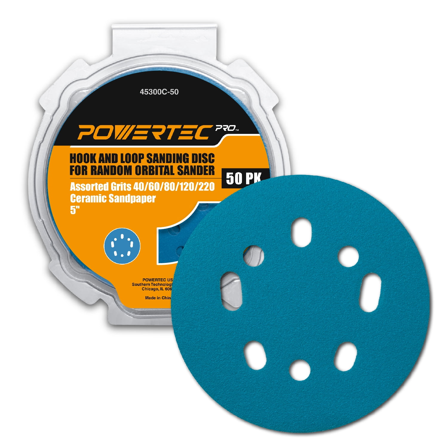 POWERTEC PRO 50PK 5 Inch Sanding Discs Hook and Loop, 40/60/80/120/220 ...