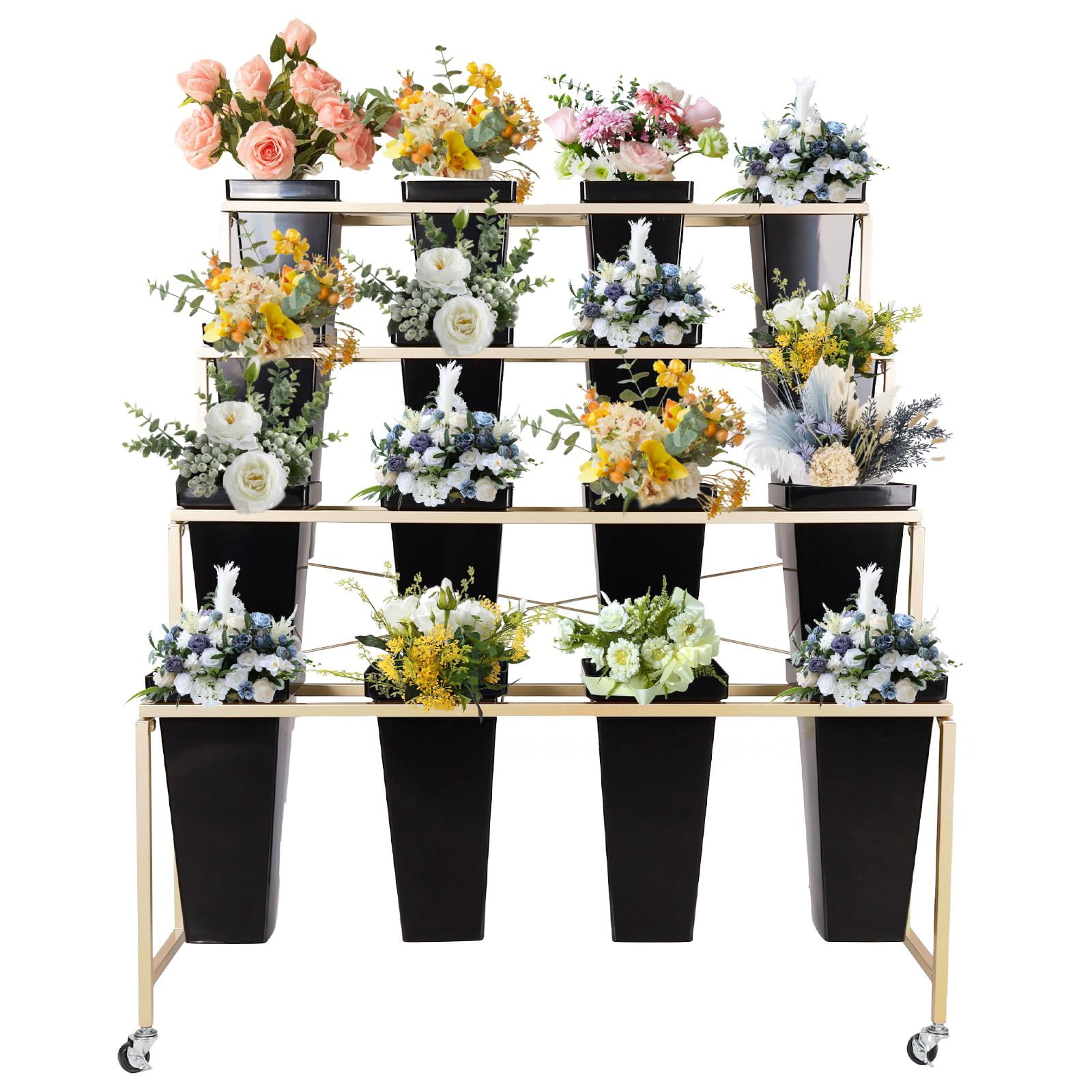 POWKOL Wrought Iron Plant Stand with 4 Wheels, 4 Layers Movable Flower ...