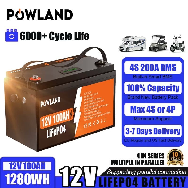 POWLAND 12V 100AH LiFePO4 Lithium Battery LCD Display BMS Deep Cycle ...