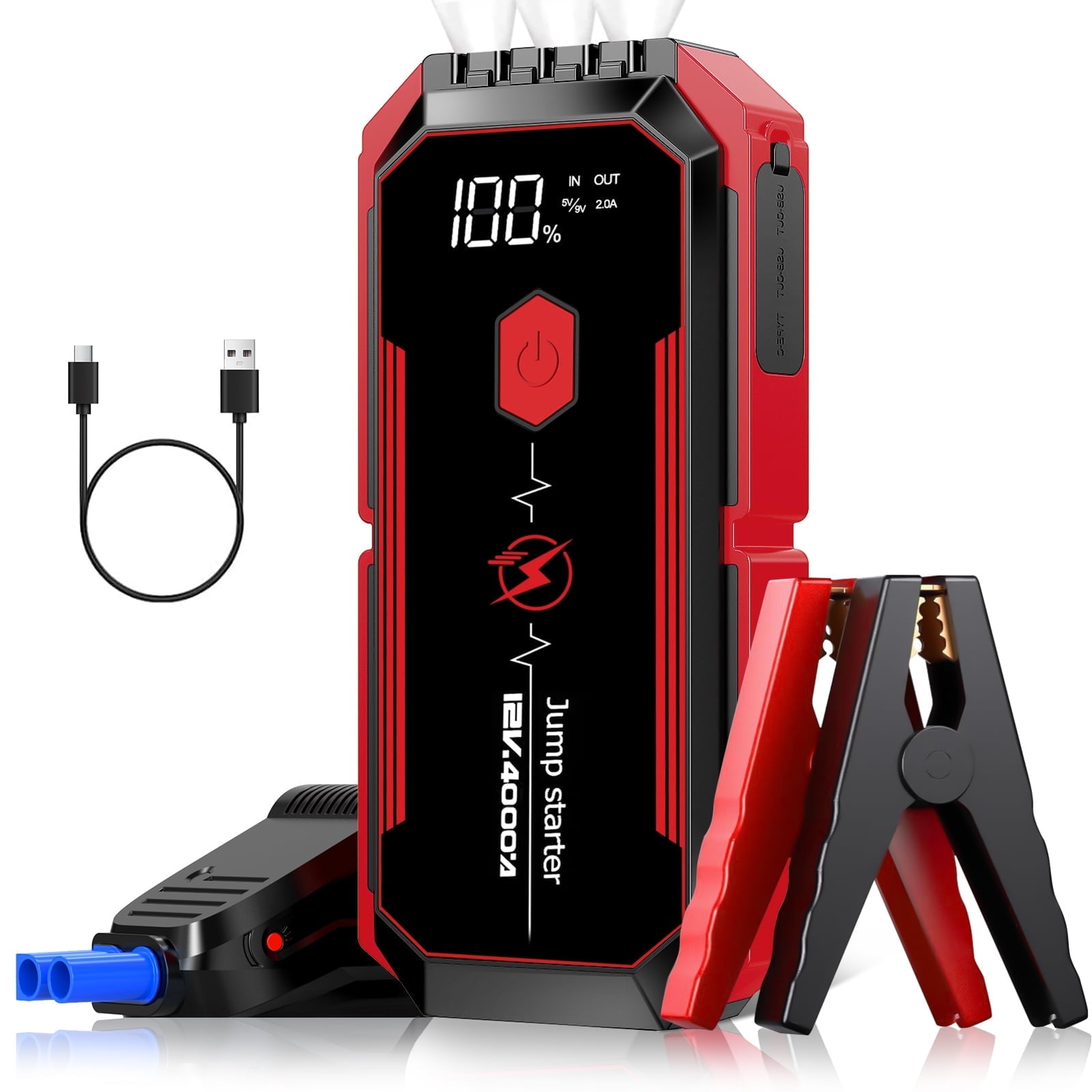 POWQ Car Battery Jump Starter Portable: 4000A Jump Starter with Jumper Cables - Battery Jumper ...