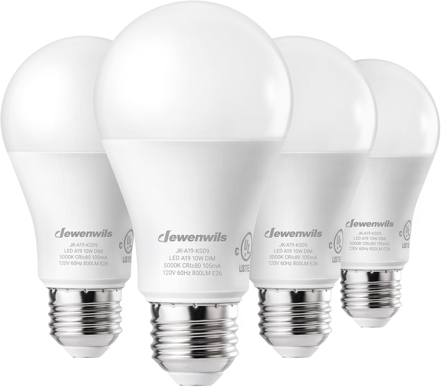 POWSDC-4 Pack A19 Dimmable LED Light Bulbs, 800LM, 5000K Daylight Light ...