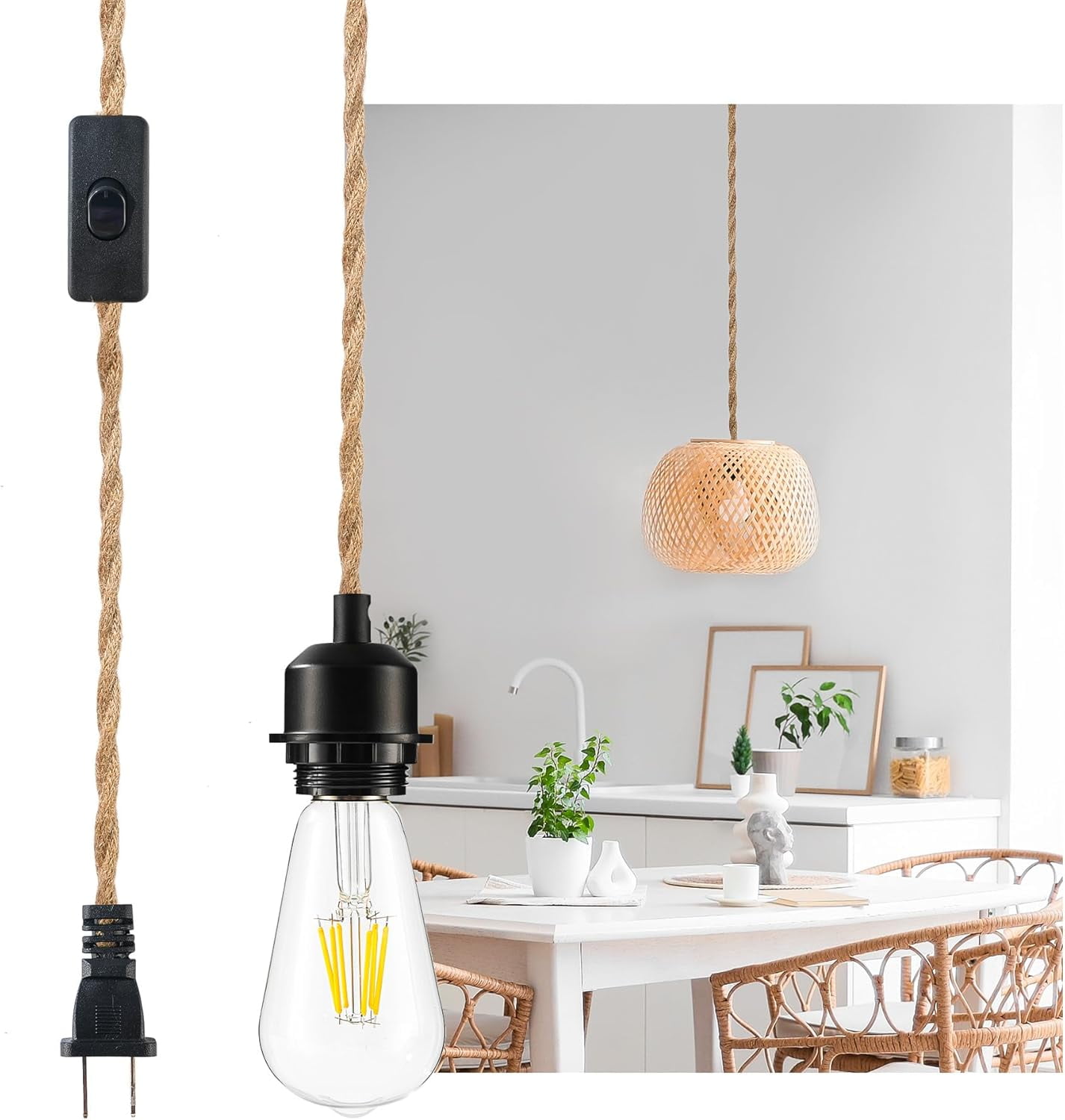 POWSDC-Plug in Pendant Light Cord Kit with 15FT Hemp Rope, Hanging Lamp ...