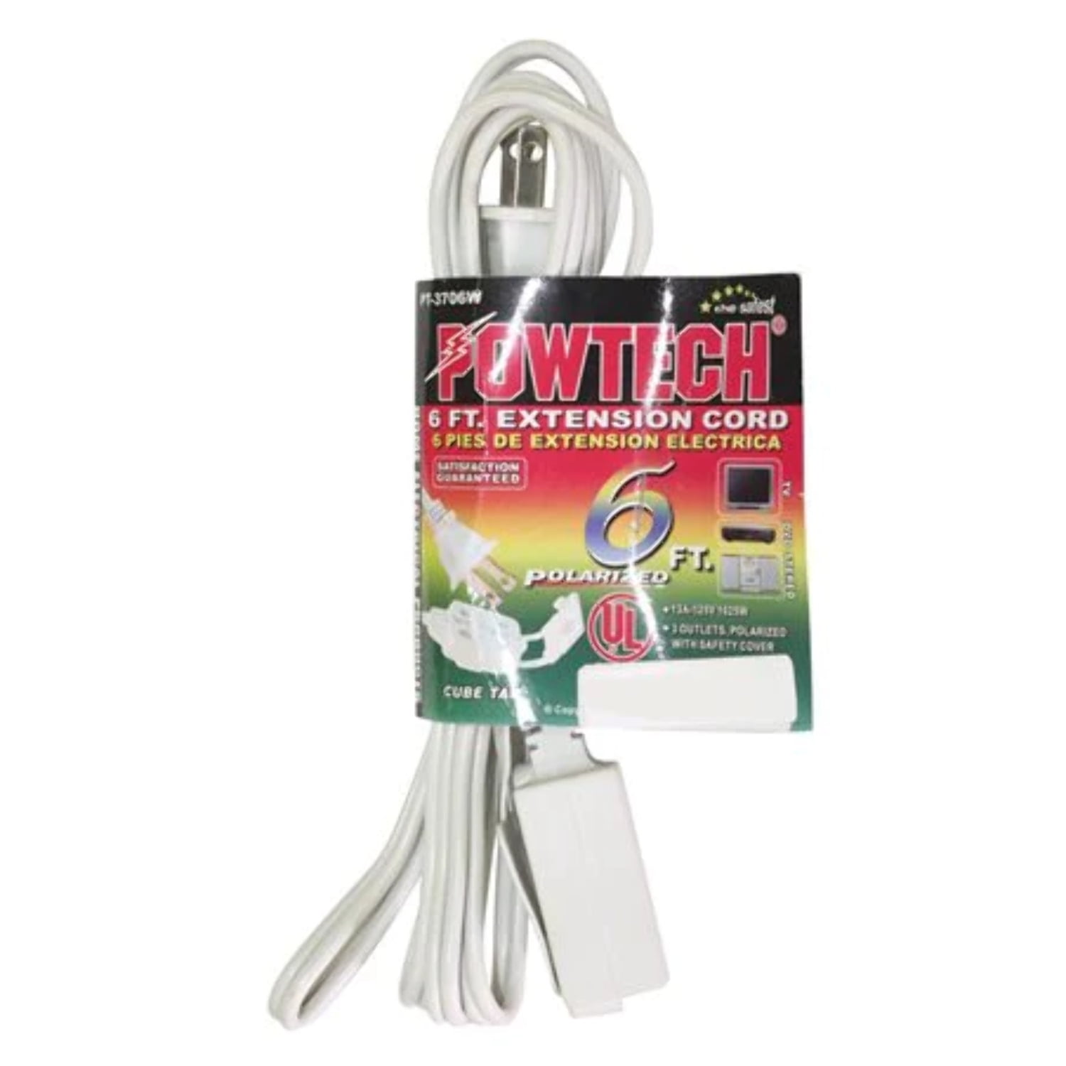 POWTECH Extension Cord, 16 Gauge 6 FT White Power Cord with 3 Recepacle ...