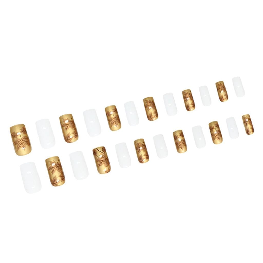 POYOGA Medium Length Square False Nail Gold Glossy Maple Leaves Pattern ...