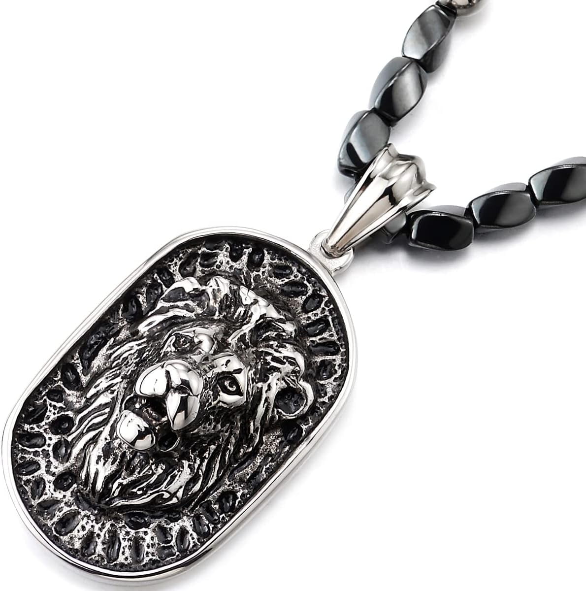 POfo Gothic Style Mens Beads Necklace With Stainless Steel Lion Head ...