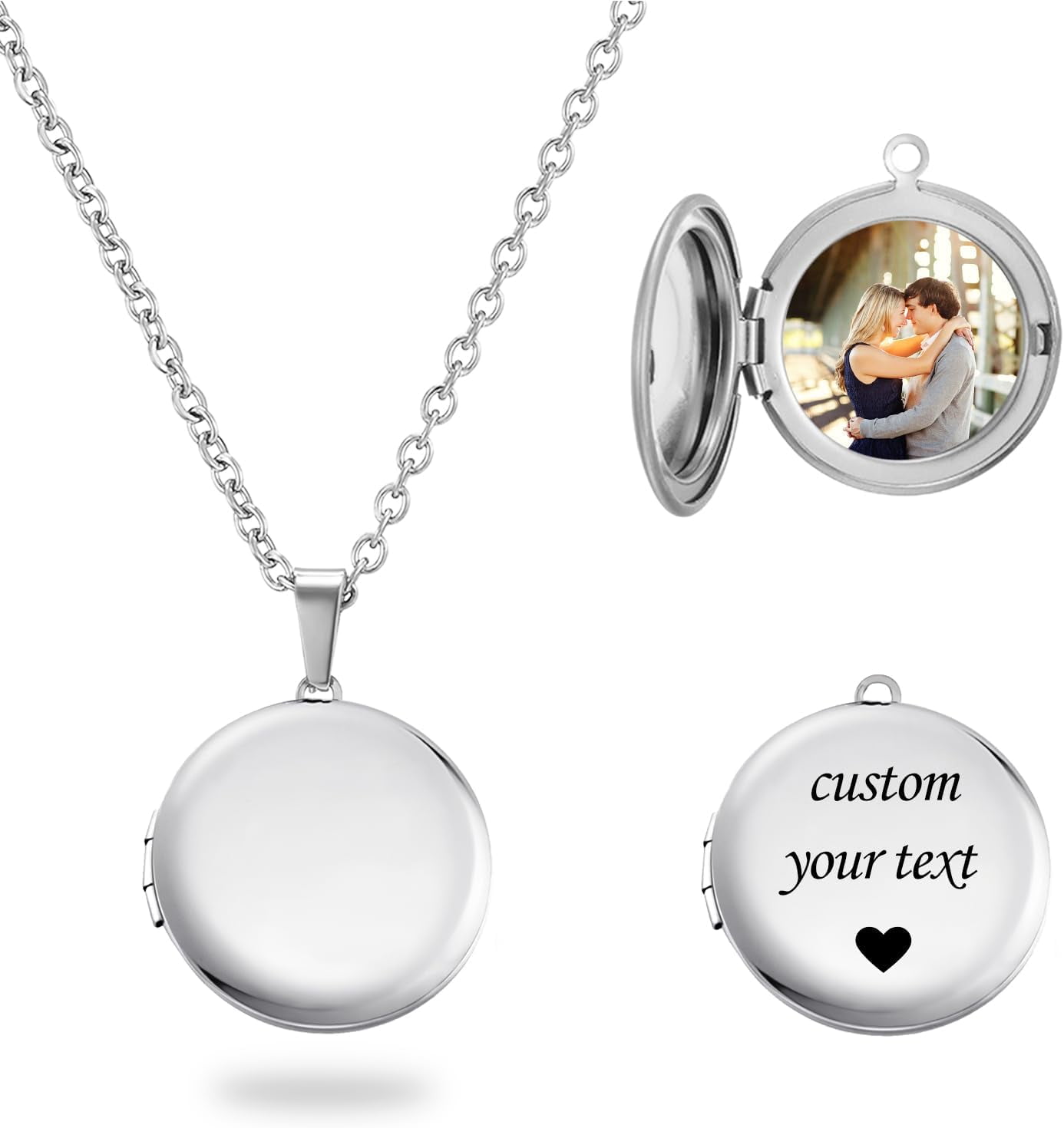 POfo Personalized Locket Necklace For Women Custom Silver Heart Photo ...