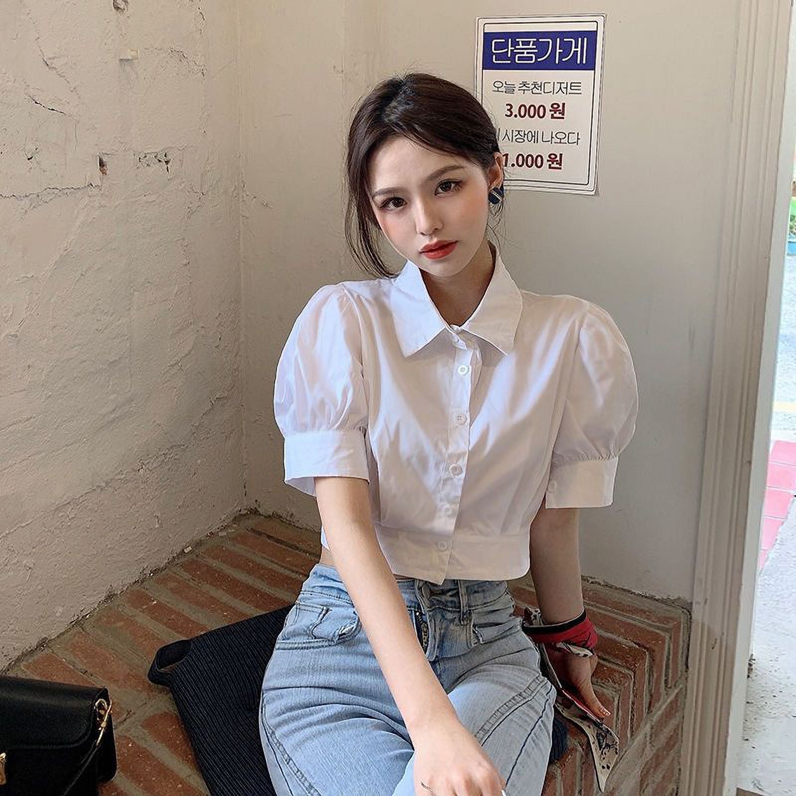 PP Korean Summer Puff sleeve White Shirt Cropped Women Elegant Youth ...