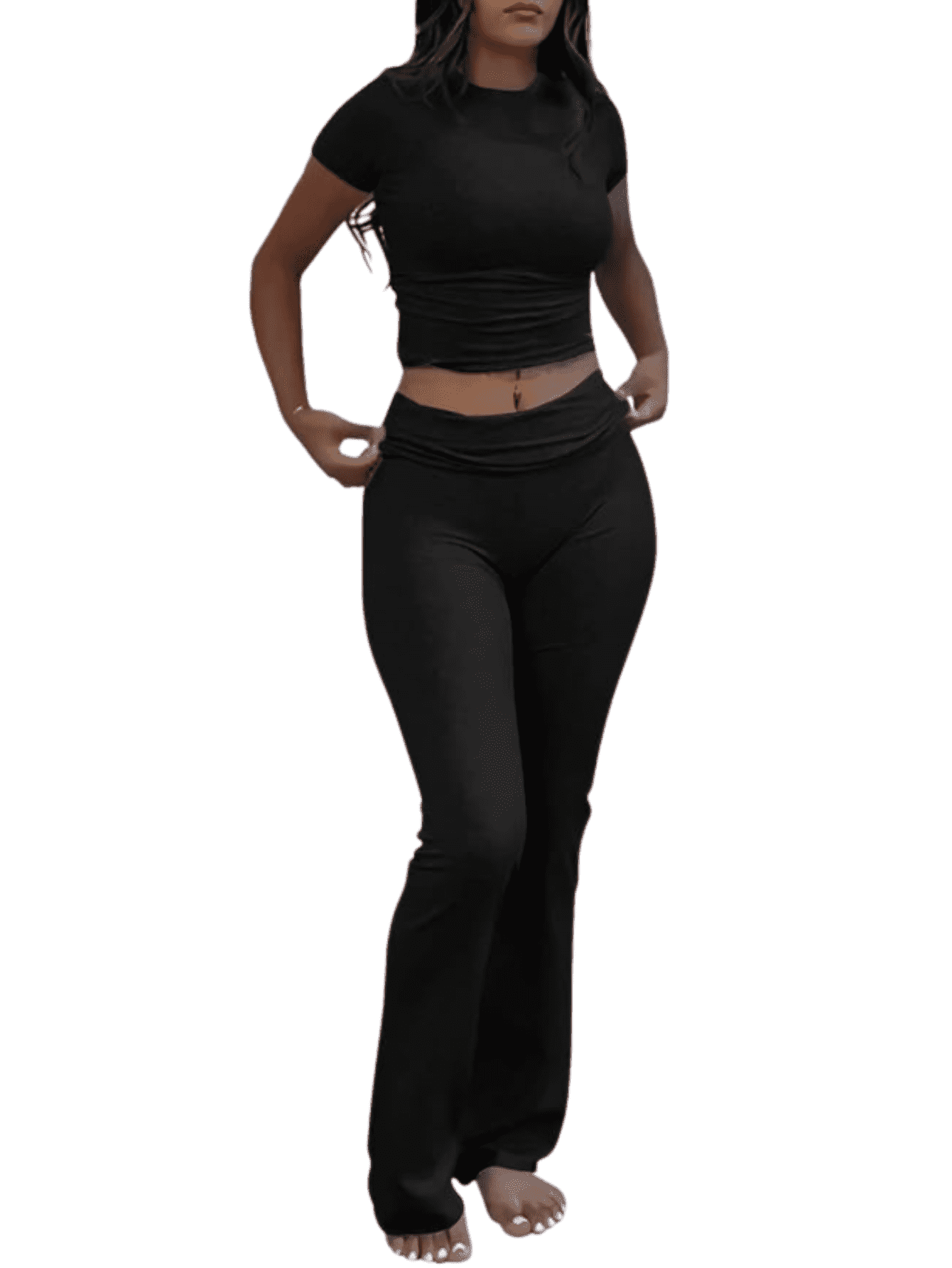 PPCHVOY Two Piece Workout Set for Women Low Rise Flare Pants&Crew Neck ...