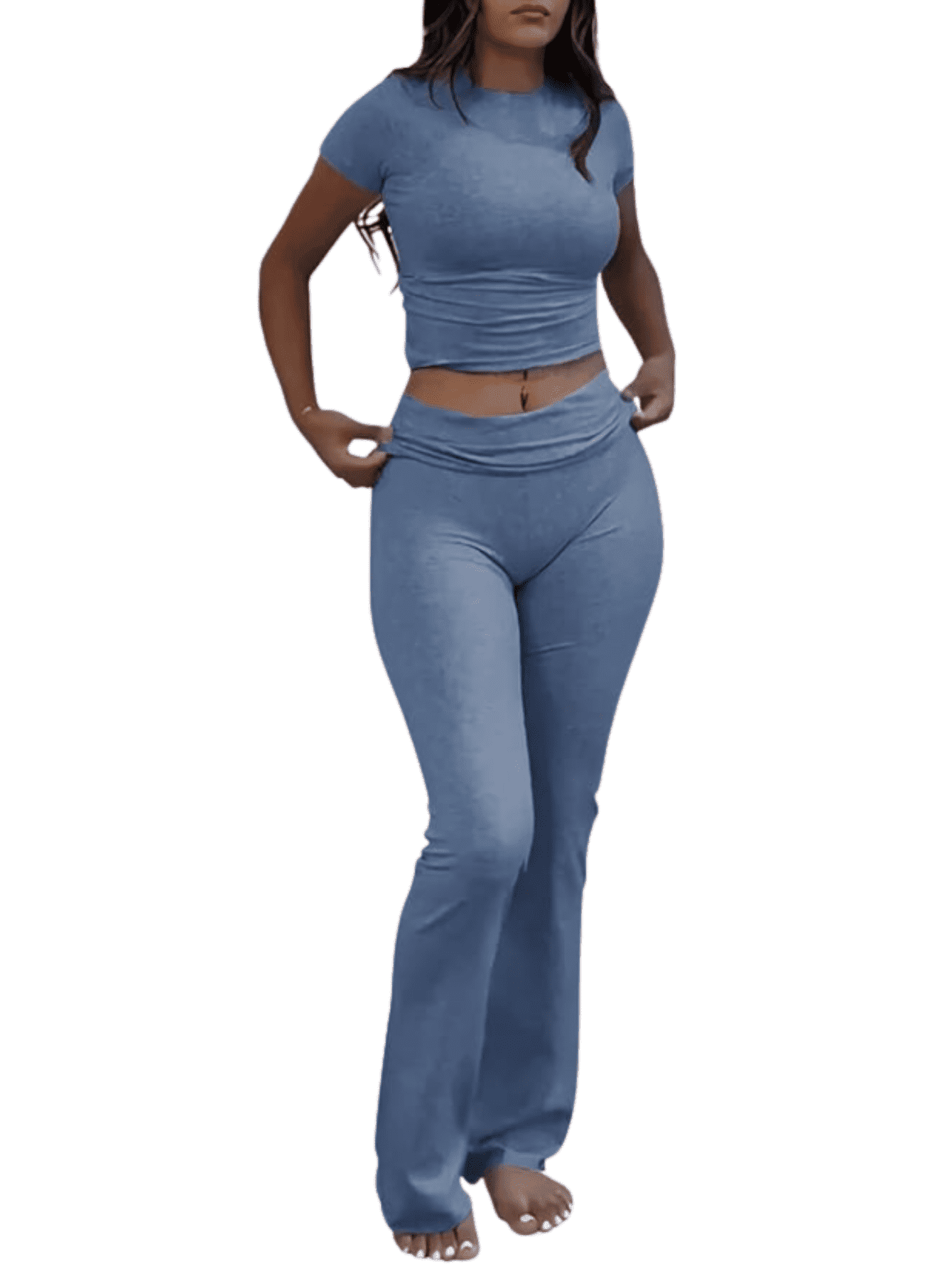 PPCHVOY Two Piece Workout Set for Women Low Rise Flare Pants&Crew Neck ...