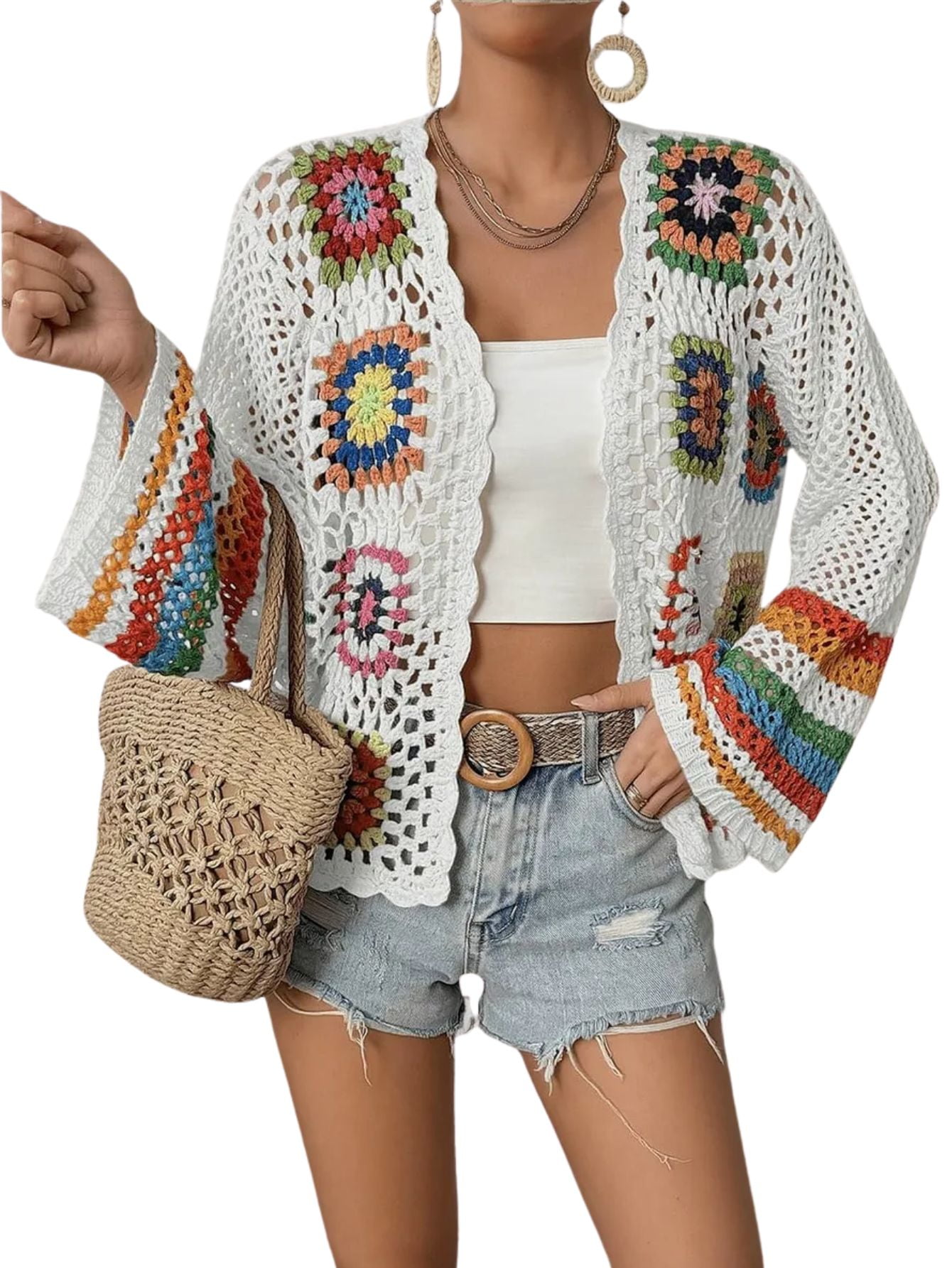 PPCHVOY Women's Boho Crochet Cardigan Ethnic Patchwork Open Front Knit ...