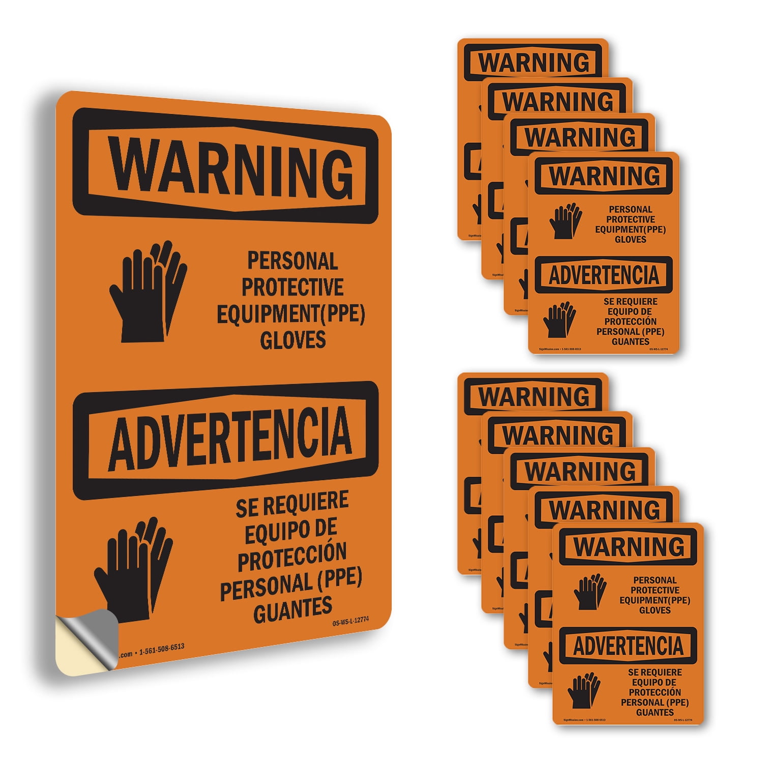 PPE Gloves Bilingual OSHA WARNING Vinyl Decal Label 18 Inch x 12 Inch ...