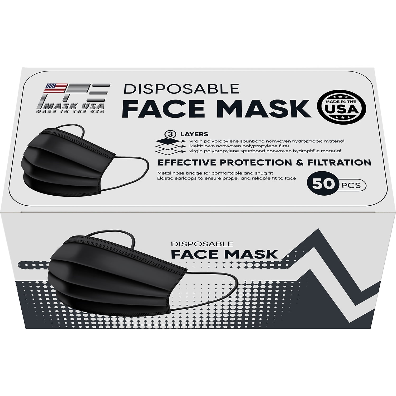 PPE Mask USA Disposable Surgical Cloth Face Mask One Size Black 50/Box ...