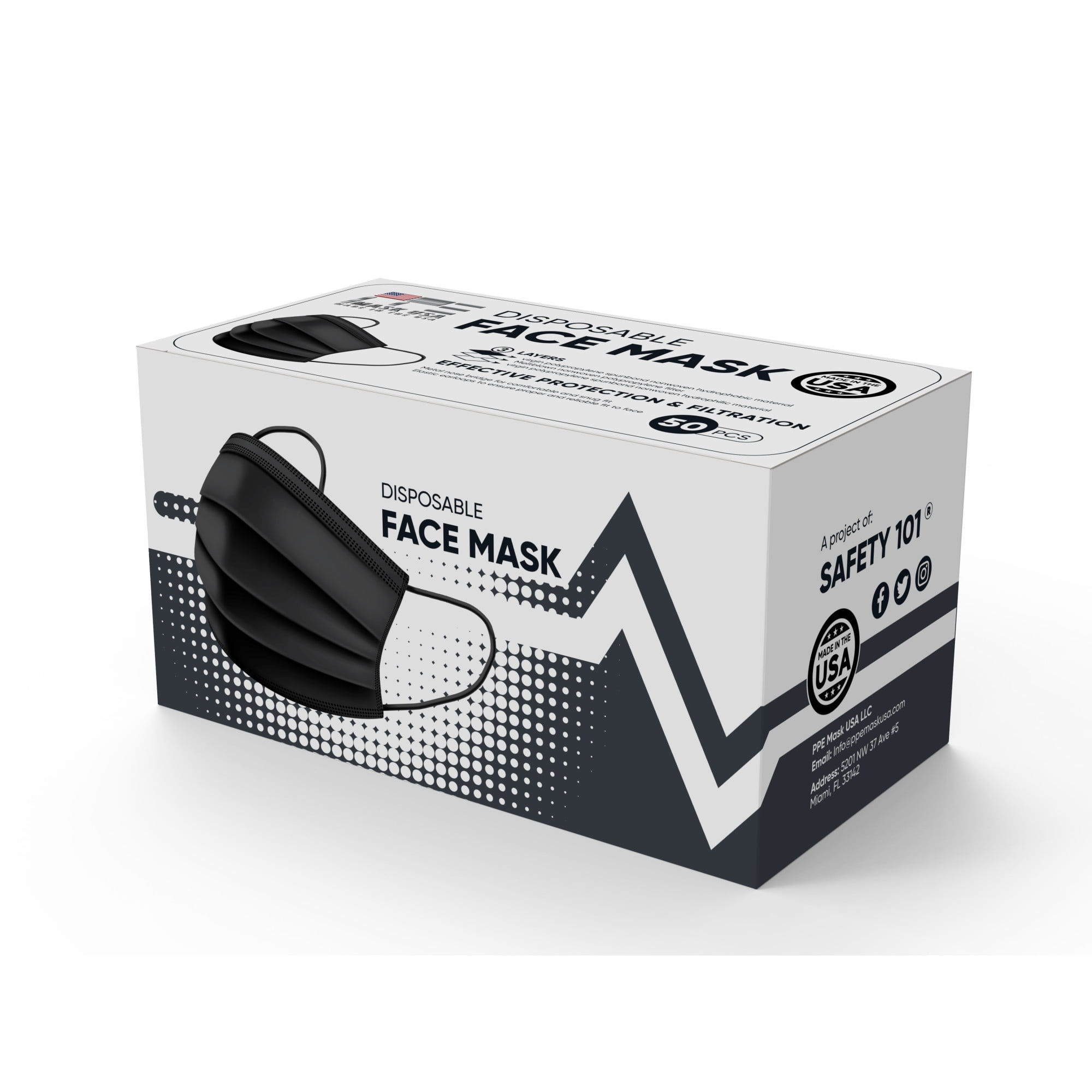 PPE Mask3-Ply Face Masks 50-Pack - Black - Walmart.com