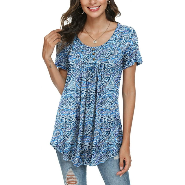 Ppyoung Womens Casual Short Sleeve V Neck Tunic Tops Slimming Pleated