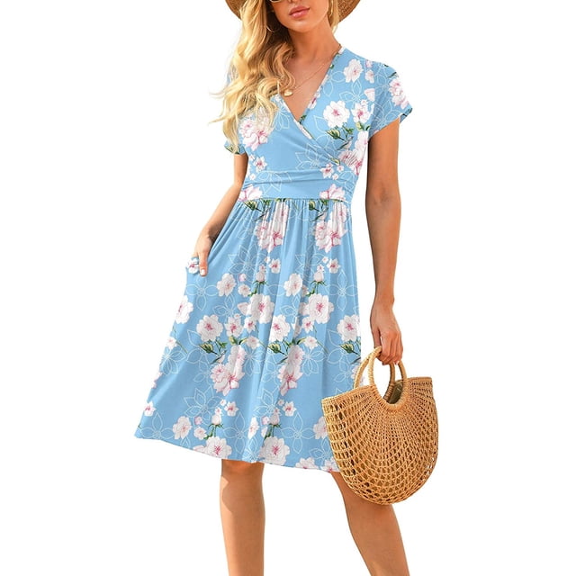 PPYOUNG Women's V-Neck Short Sleeve Summer Dress, Casual Party Wear ...