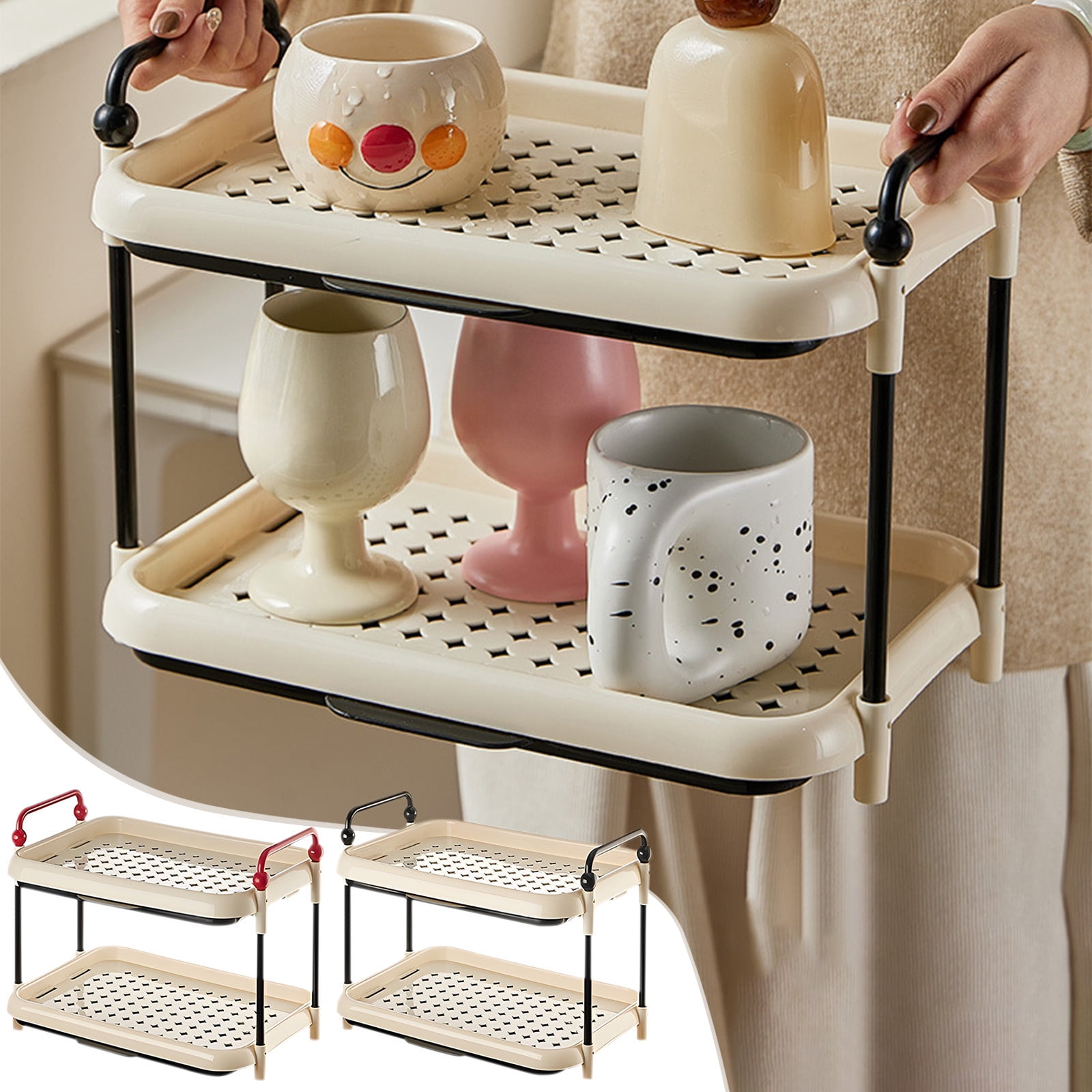 PPgejGEK 2 Tier Cup Mug Storage Shelf Desktop Organizer with Handle for ...