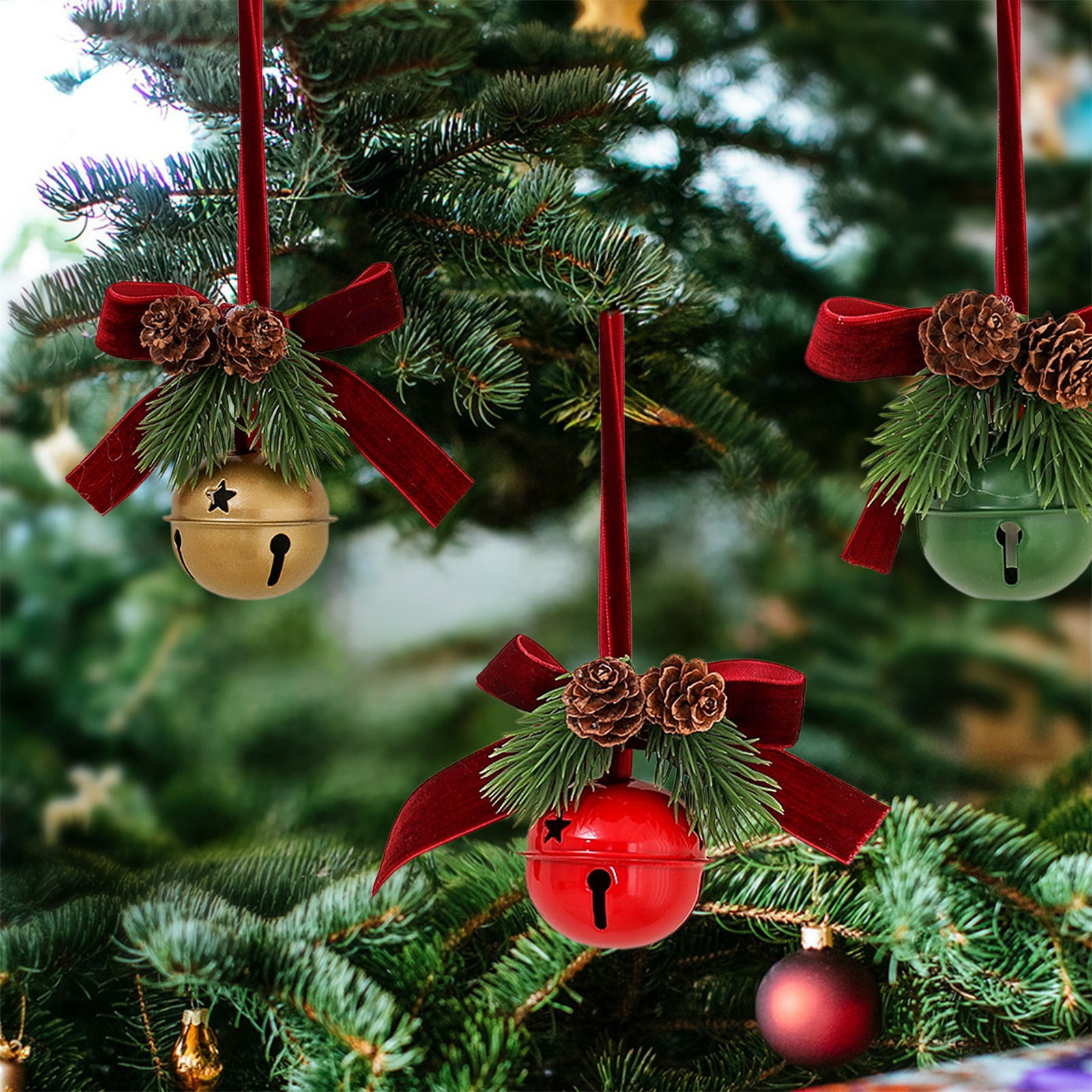 PPgejGEK Christmas Tree Bells Ornaments with Red Velvet Bowknots ...