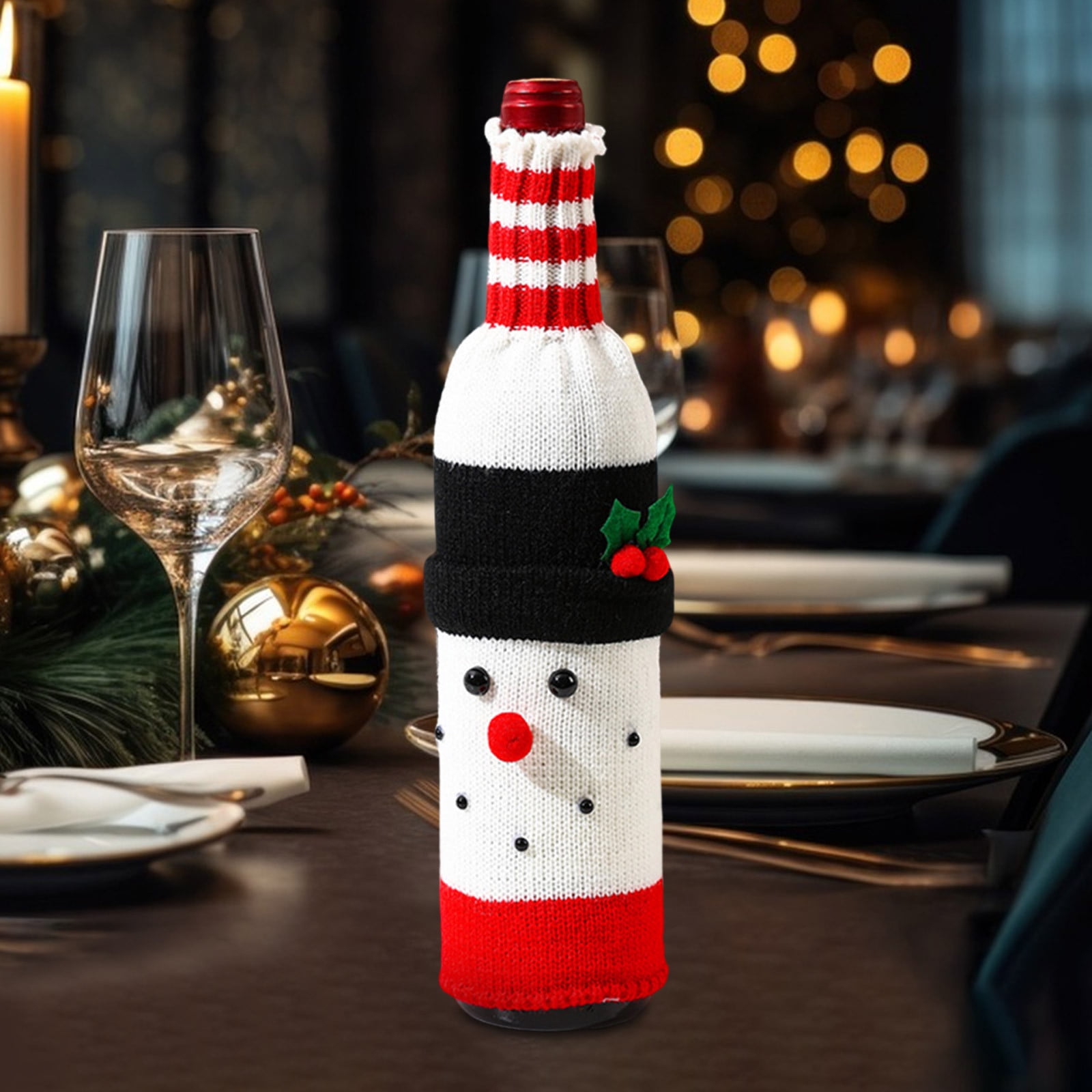 PPgejGEK Christmas Wine Bottle Set Knitted Cloth Old Man Doll Champagne Set Desktop Dress Up ...