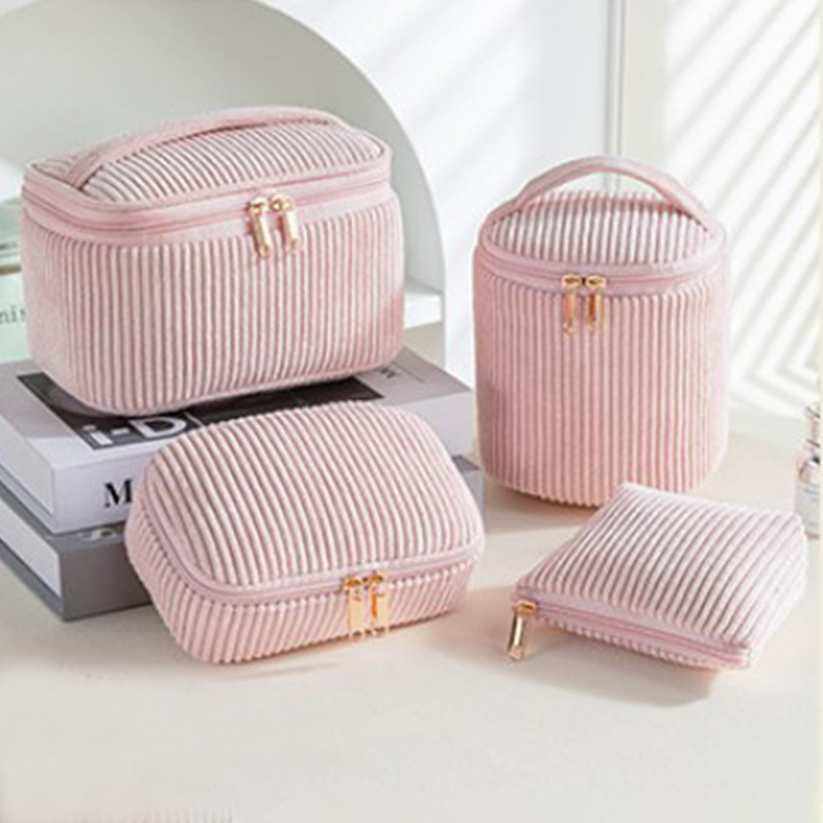 PPgejGEK Corduroy Makeup Bag Set 4 Pieces Travel Toiletry Organizer with Large Opening ...