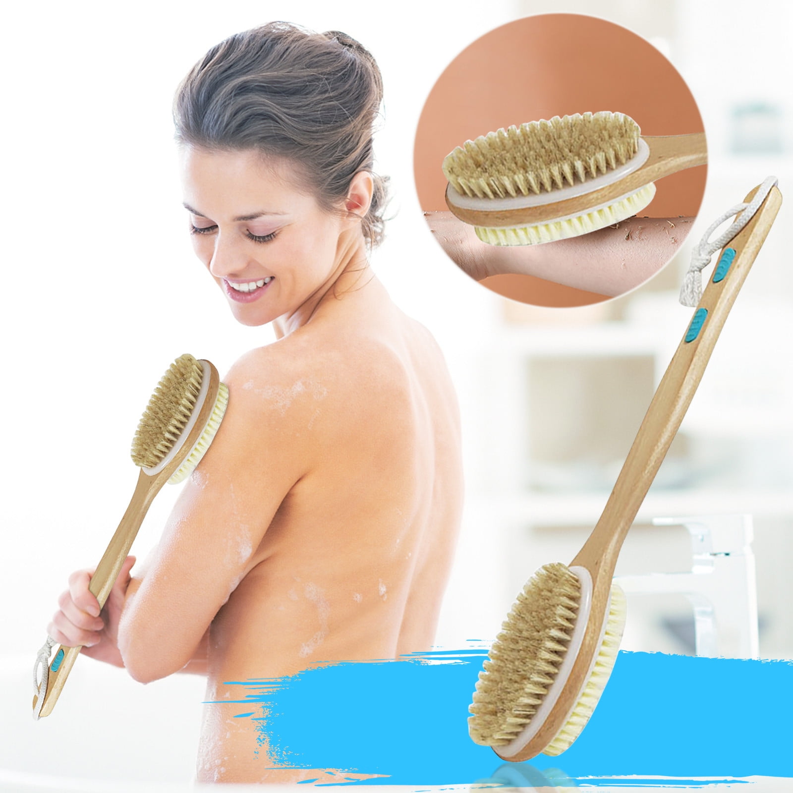 PPgejGEK Double Sided Nylon Bristle Pig Hair Shower Brush, Super Long Avoid Slip Handle, Rub ...