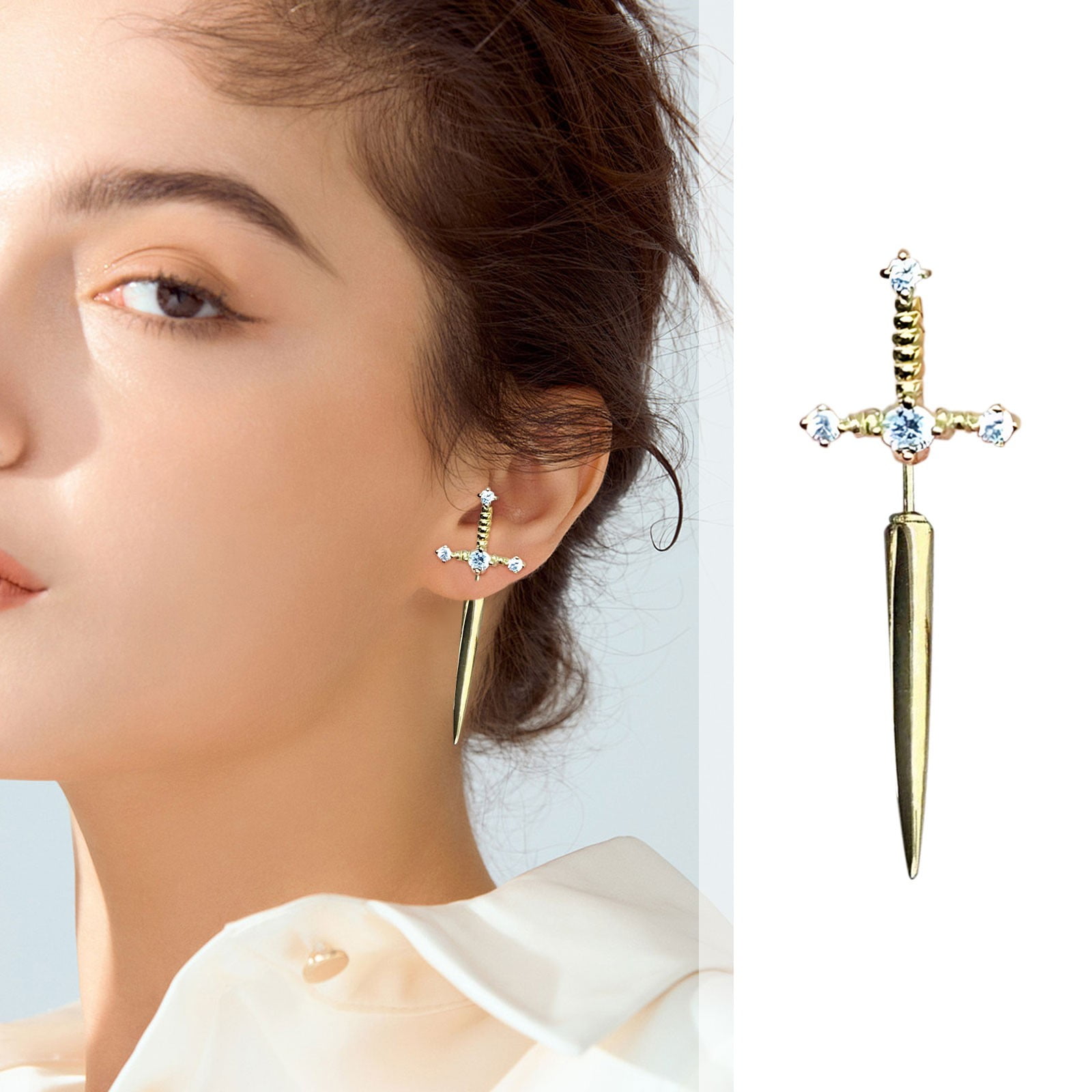 PPgejGEK Gothic Sword Kinitial Lady Earrings Retro Crystal Diamond ...