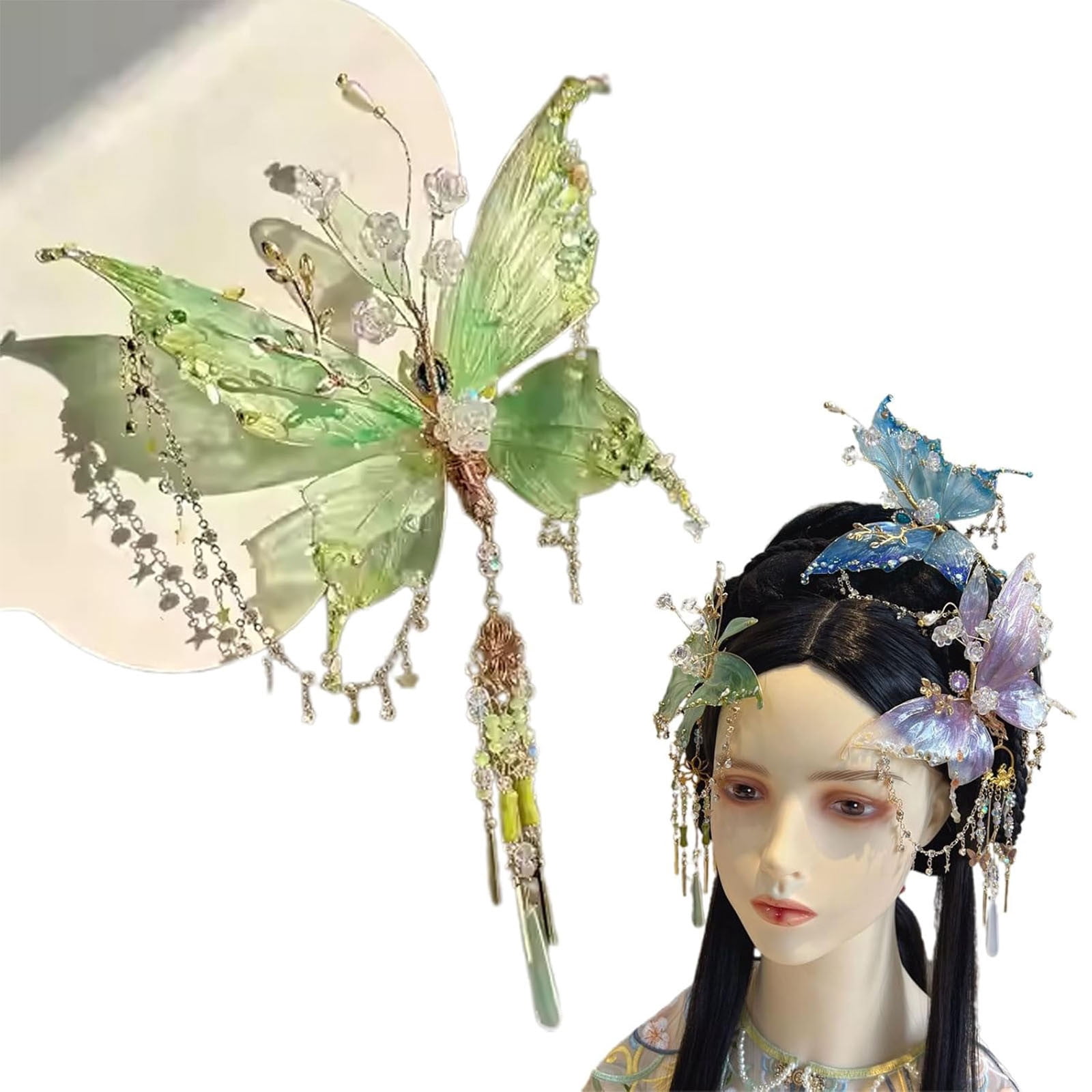 PPgejGEK Green Ancient Style Butterfly Fairy Hair Clip with Tassel ...