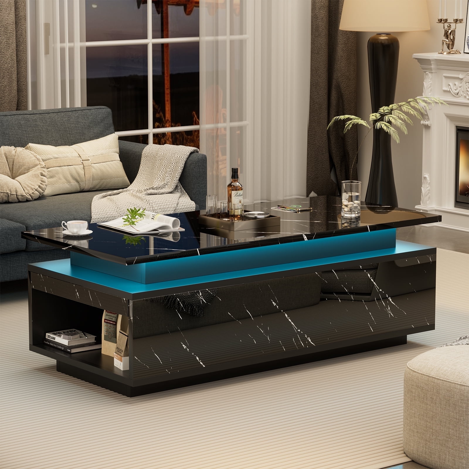 Lumiinofami 24-Color LED Coffee Console for Living Room, Black High ...