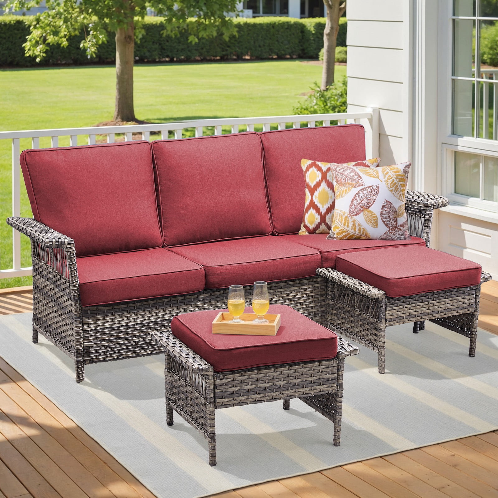PPorfamilia 3 Piece Patio Furniture Set, PE Rattan 3-Seater Sofa and ...