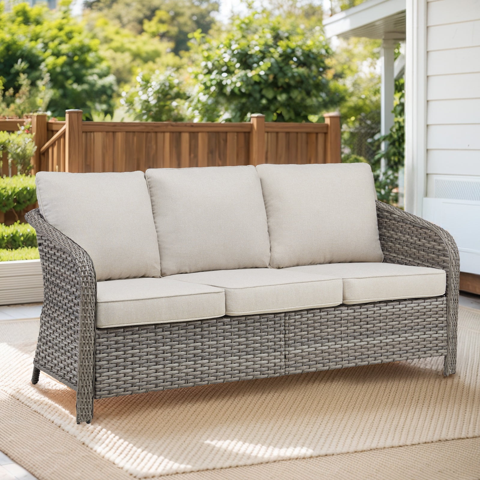 PPorfamilia 3-Seater Patio Wicker Sofa Outdoor Rattan Conversation ...